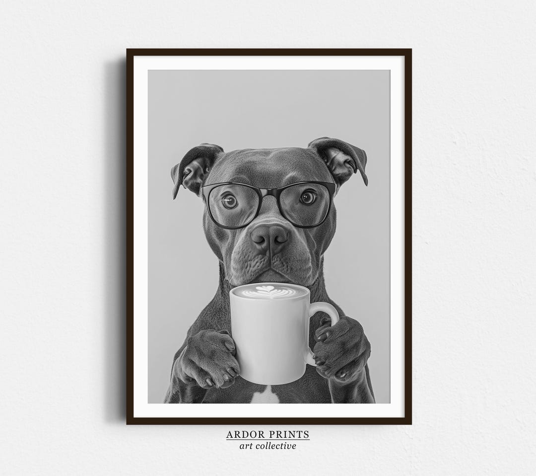 Staffy Bull Terrier Drinking Coffee Wall Art, Black and White Print ...