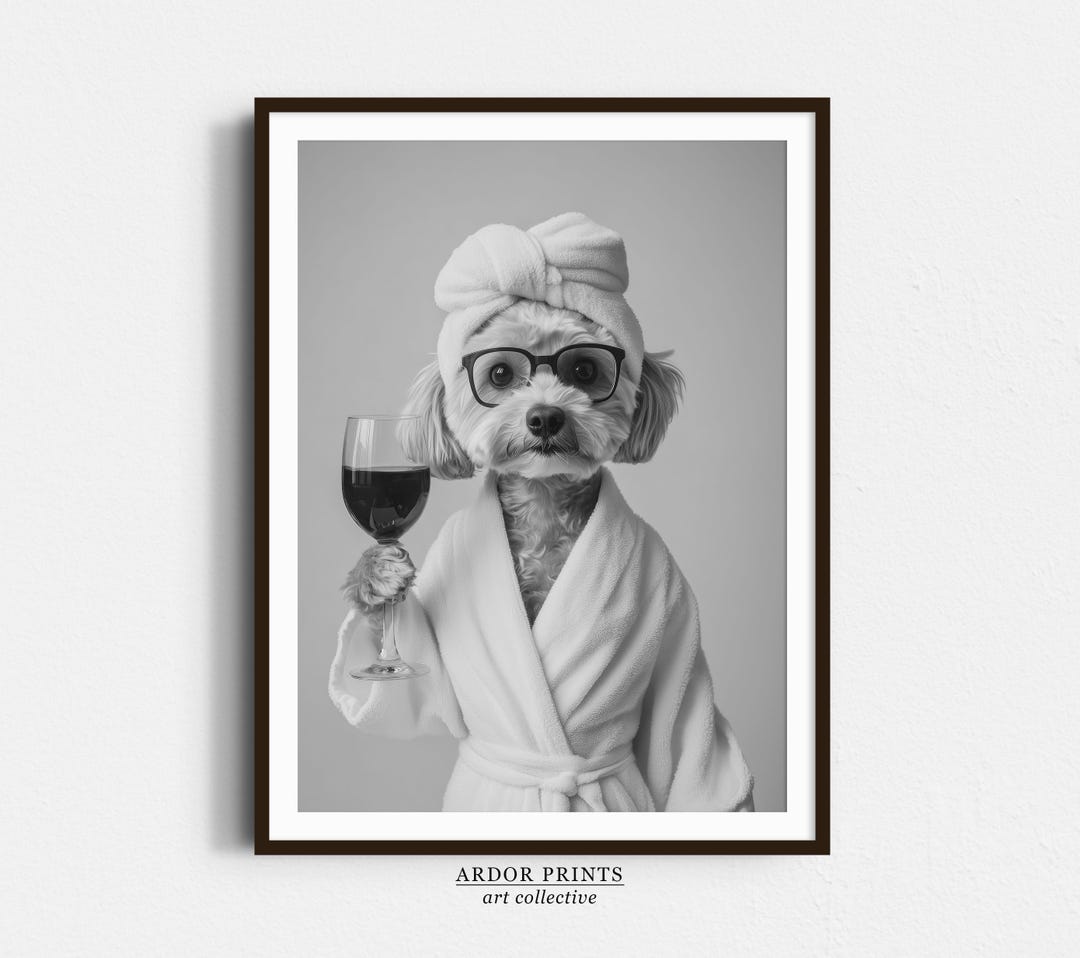 Cockapoo in Bathrobe Holding Wine Print, Black and White Wall Art, Dog ...