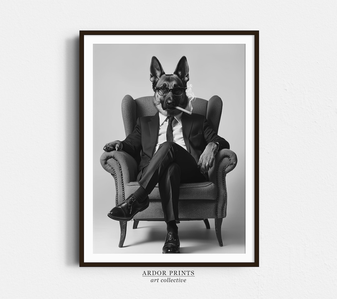 German Shepherd Smoking Wall Art, Black and White Print, German ...