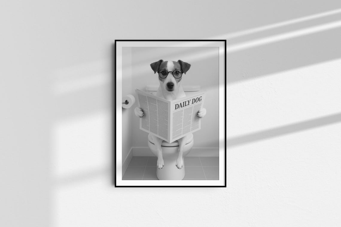Jack Russell Reading Newspaper on Toilet: Funny Bathroom Art (digital ...