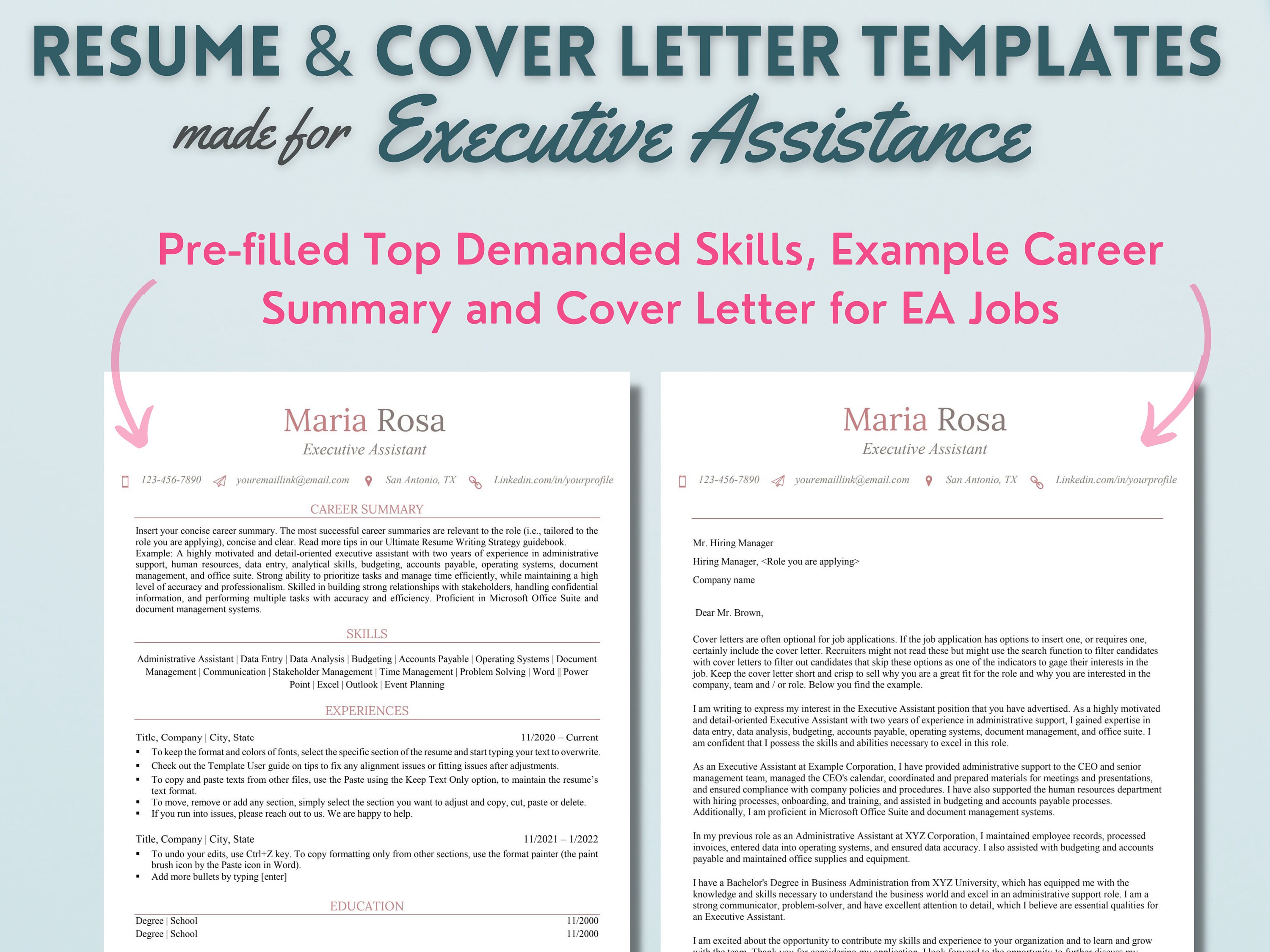 Executive Assistant Resume Template ATS Friendly Prefilled for EA ...