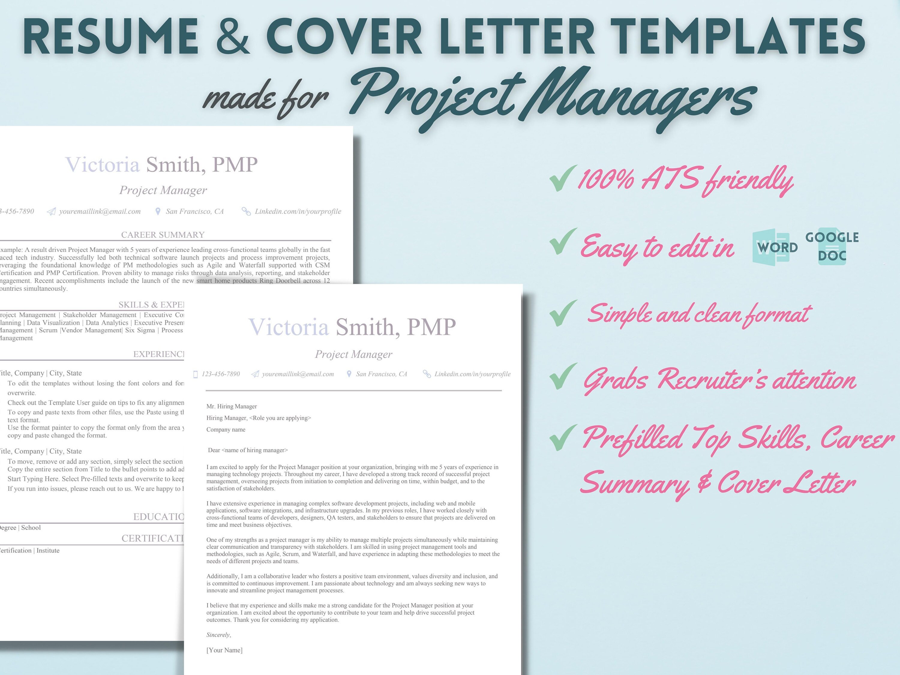 Project Manager Resume and Interview Bundle, ATS Friendly Modern ...