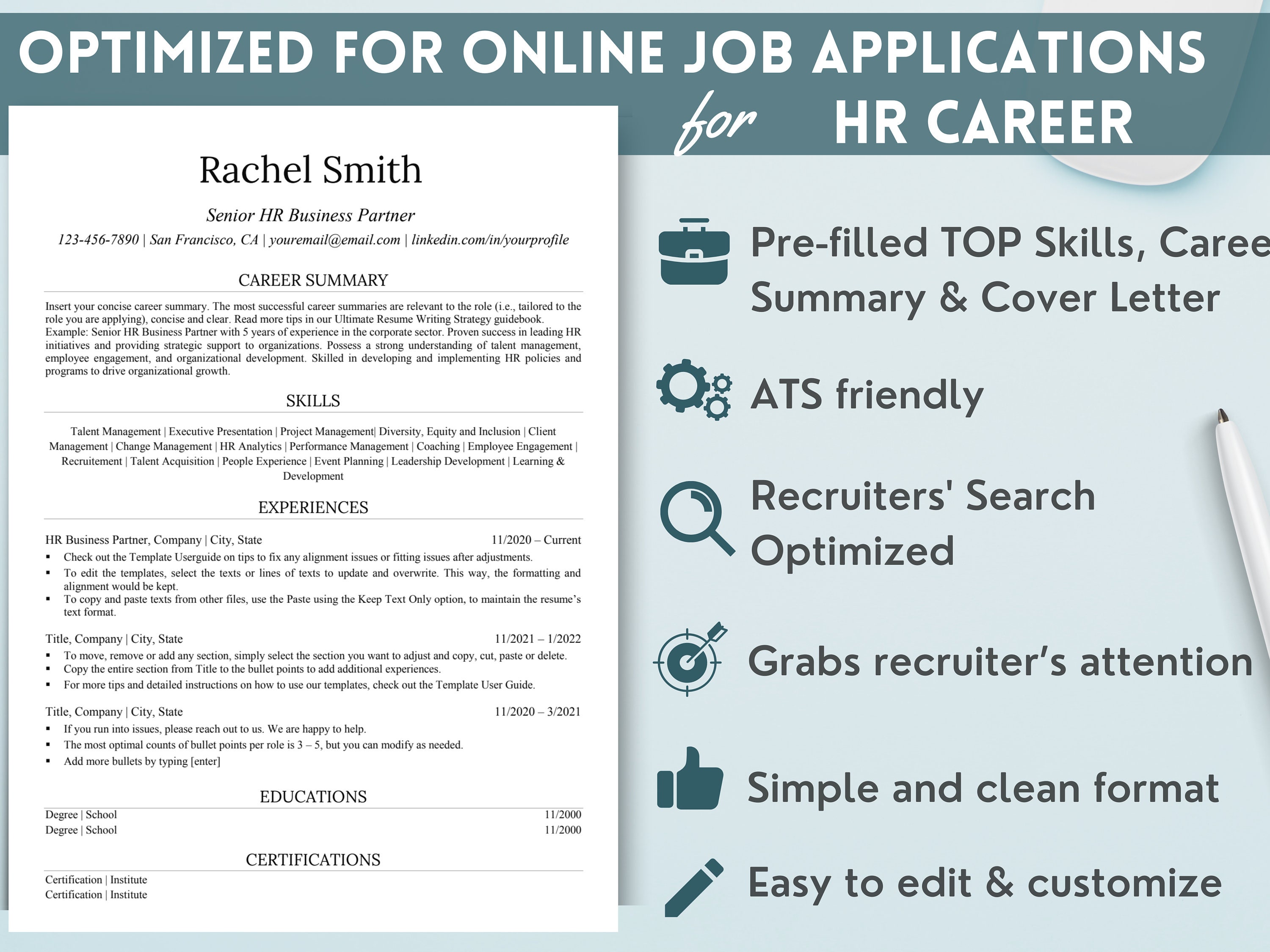 HR Resume Template ATS Friendly Pre-filled Editable Skills - Etsy