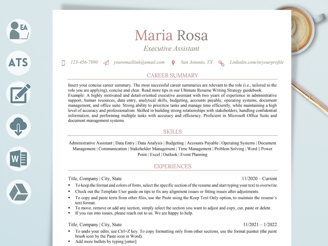 Executive Assistant Resume Template ATS Friendly Prefilled for EA ...