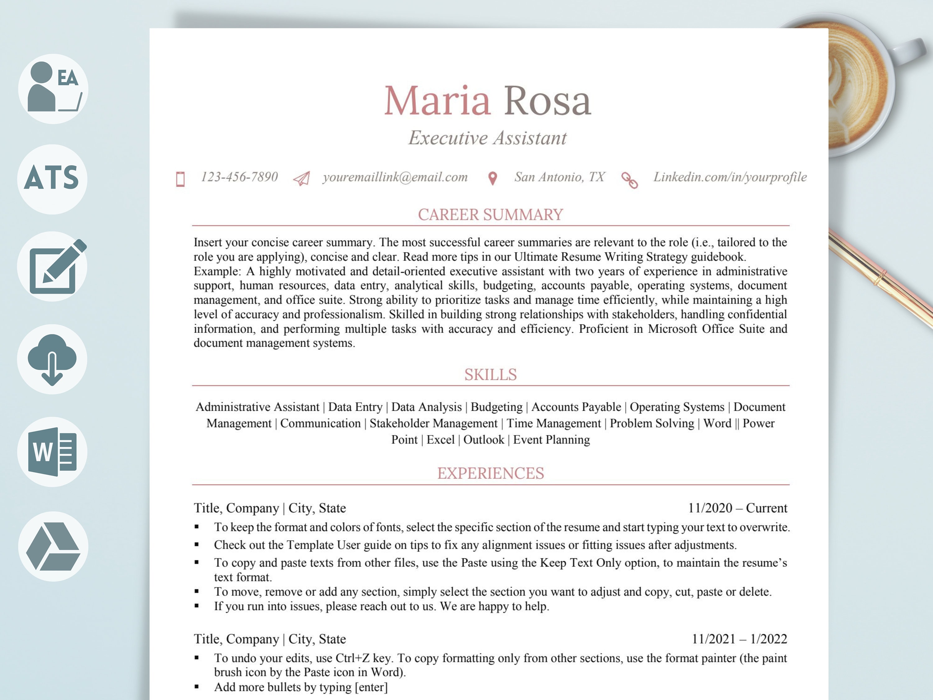 Executive Assistant Resume Template ATS Friendly Prefilled for EA ...