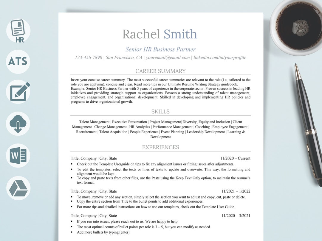 HR Resume ATS Friendly Template Prefilled Editable Skills Cover Letter ...