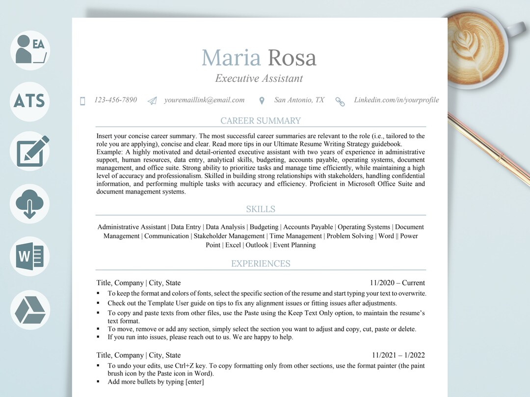 Executive Assistant Resume Template ATS Friendly, Skills and Cover ...
