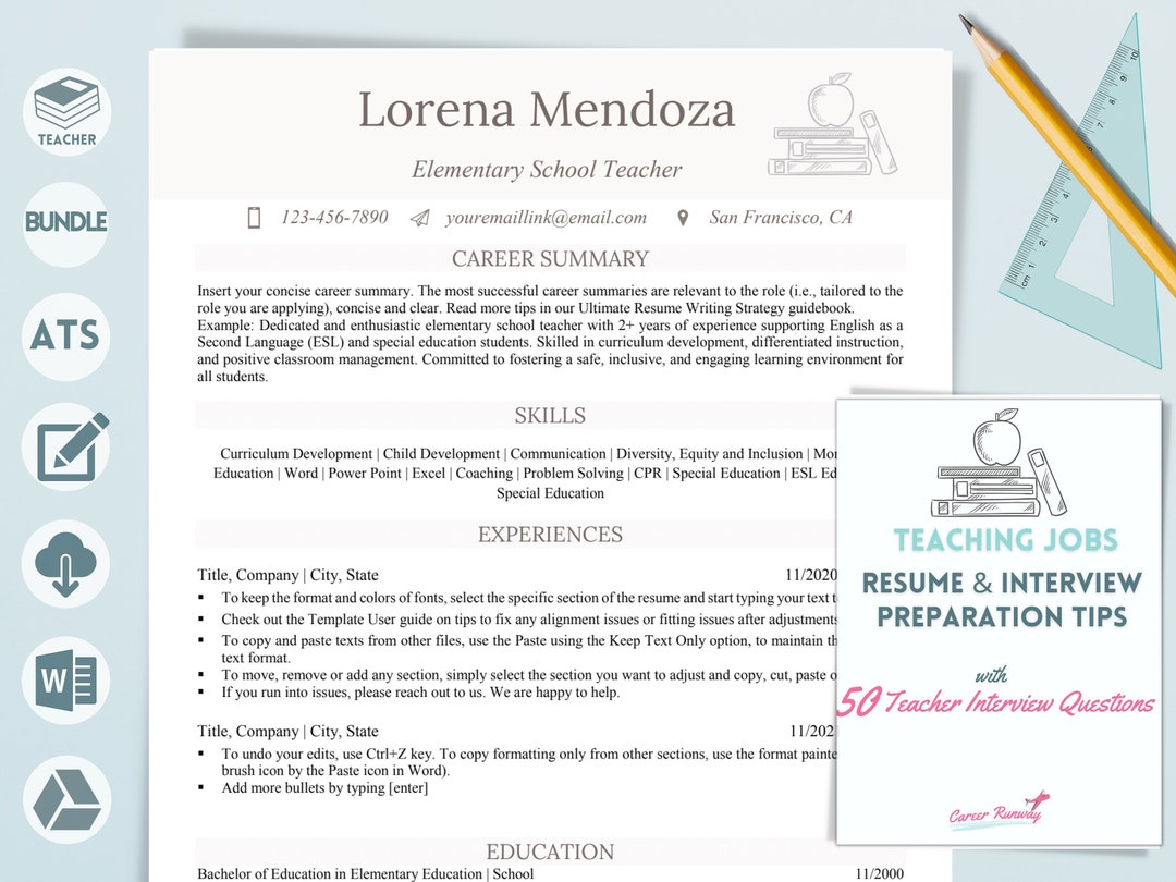 Teacher Resume Templates and Interview Planner Bundle, Prefilled and ...