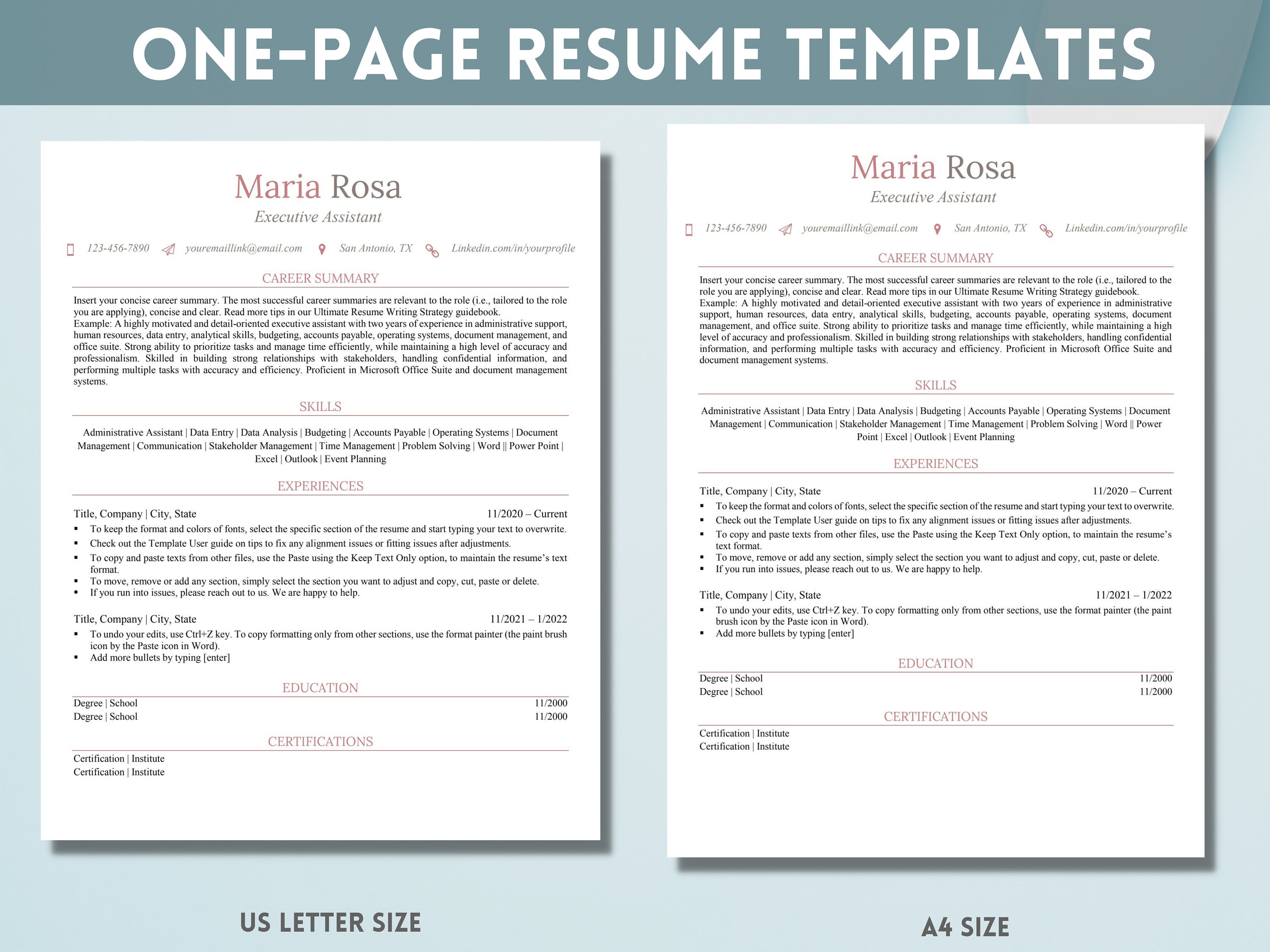Executive Assistant Resume Template ATS Friendly Prefilled for EA ...