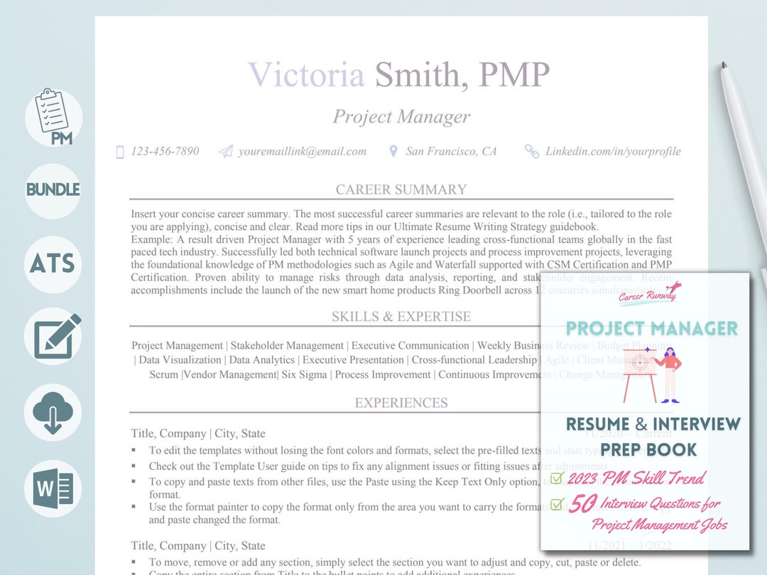 Project Manager Resume and Interview Bundle, ATS Friendly Modern ...