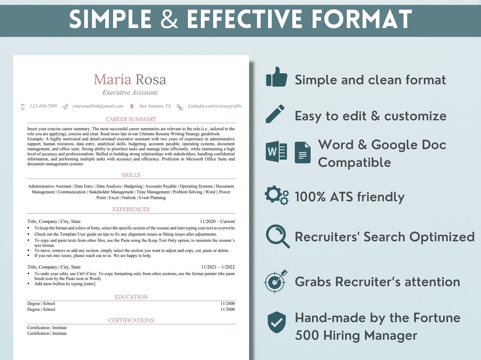 Executive Assistant Resume Template ATS Friendly Prefilled for EA ...