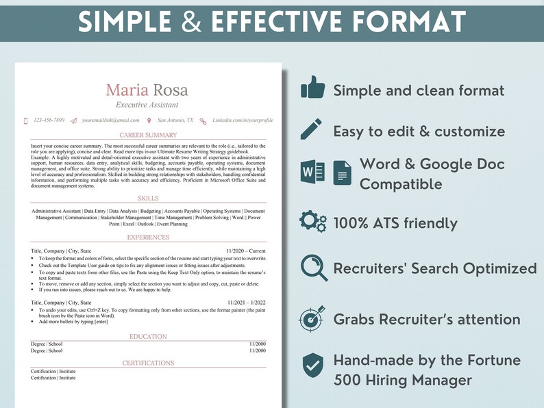 Executive Assistant Resume Template ATS Friendly Prefilled for EA ...