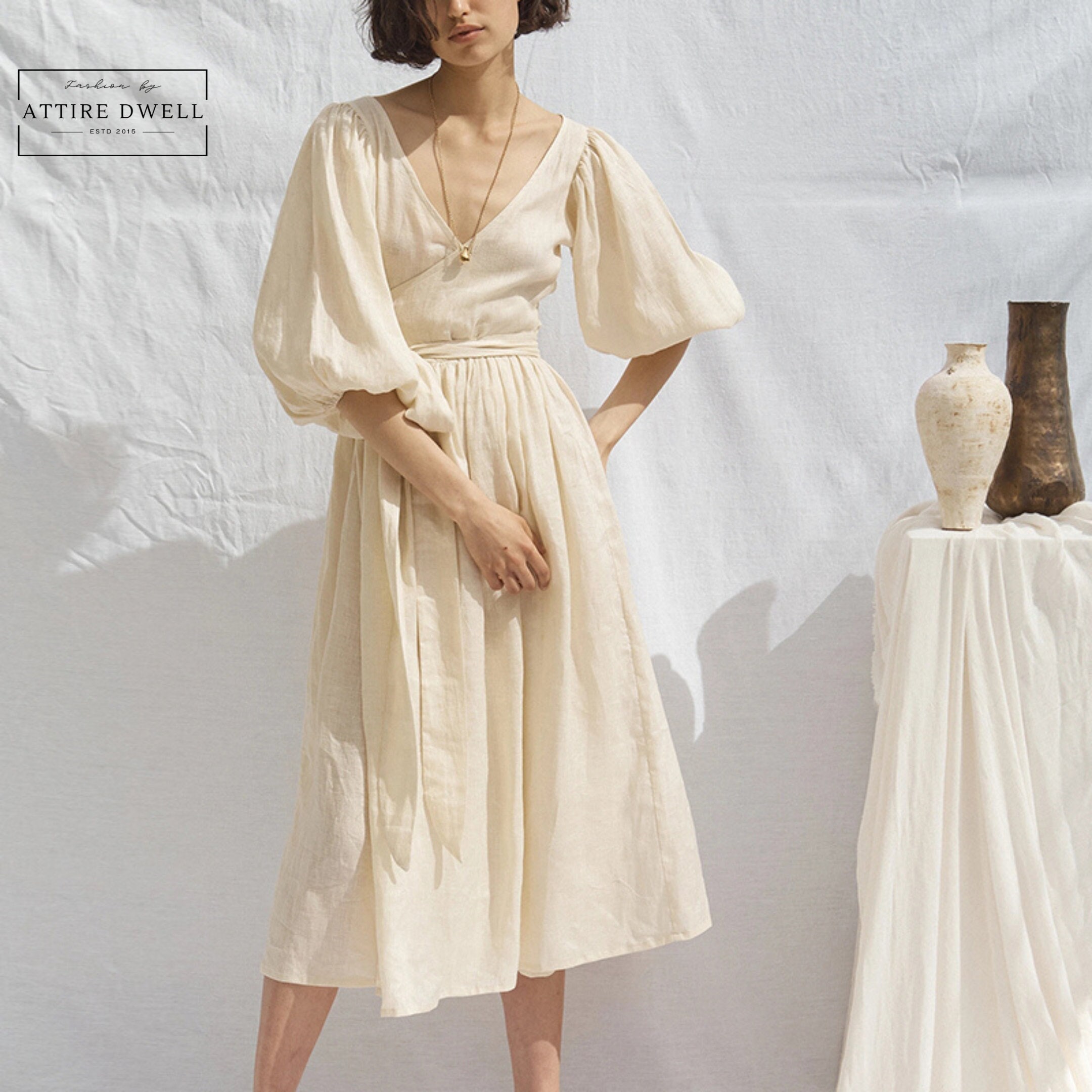 Luxury Drawstring Linen Cotton Dress, Women Luxury Dress, Vintage Style ...