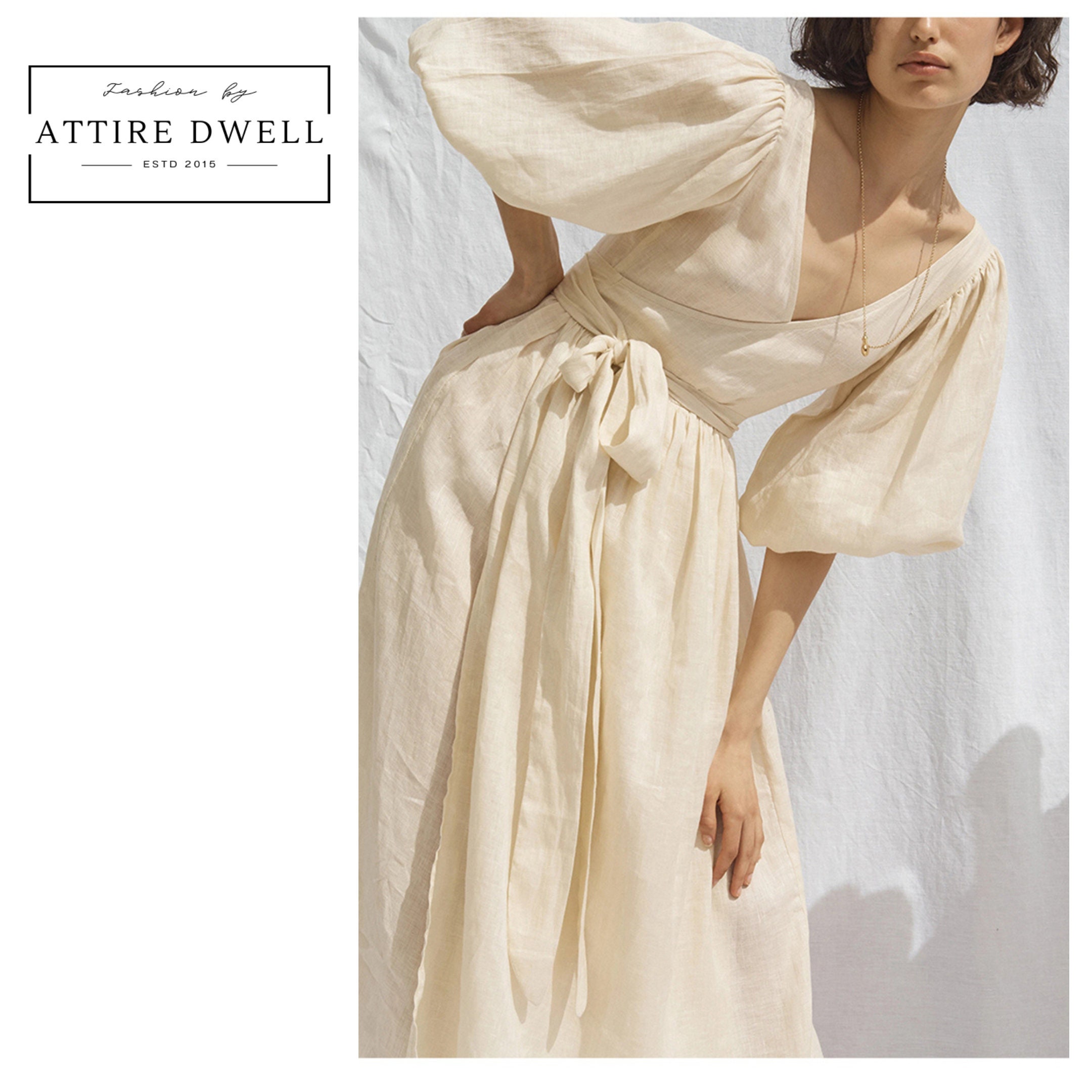 Luxury Drawstring Linen Cotton Dress, Women Luxury Dress, Vintage Style ...