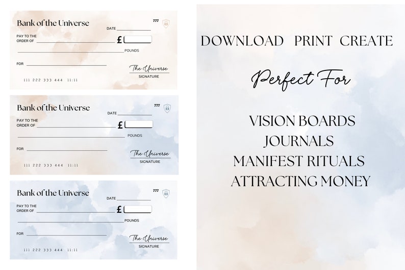 Money Manifestation Check, Vision Board Printables, Law of Abundance ...