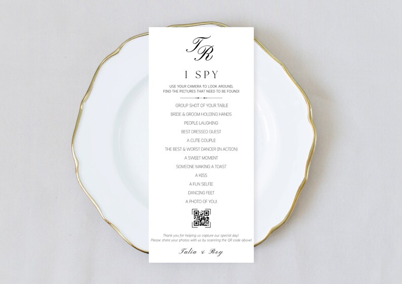 QR Code Monogrammed I SPY Wedding Game Calligraphy Guest - Etsy
