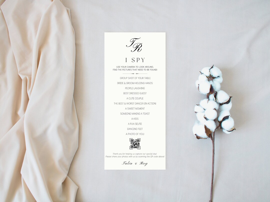 QR Code Monogrammed I SPY Wedding Game Calligraphy Guest Photo Sharing ...