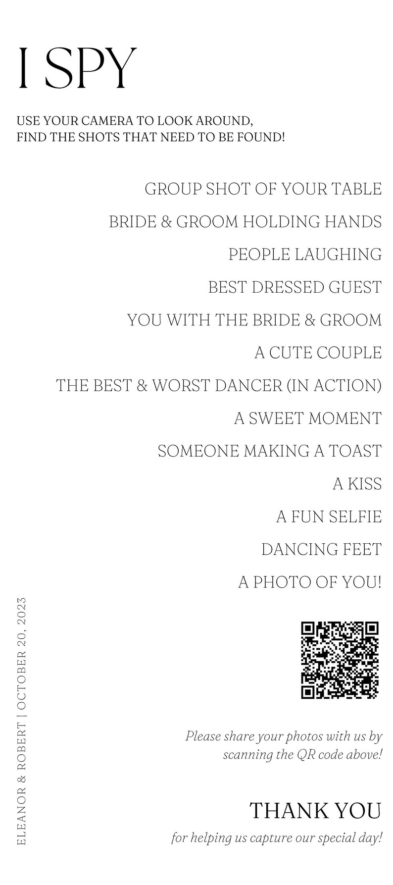 I SPY Wedding Game With QR Code Guest Photo Sharing - Etsy