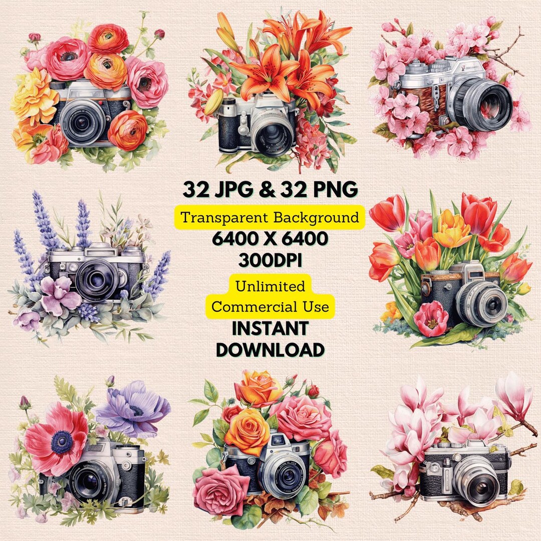 Watercolor Floral Vintage Camera Clipart PNG Instant Download for ...