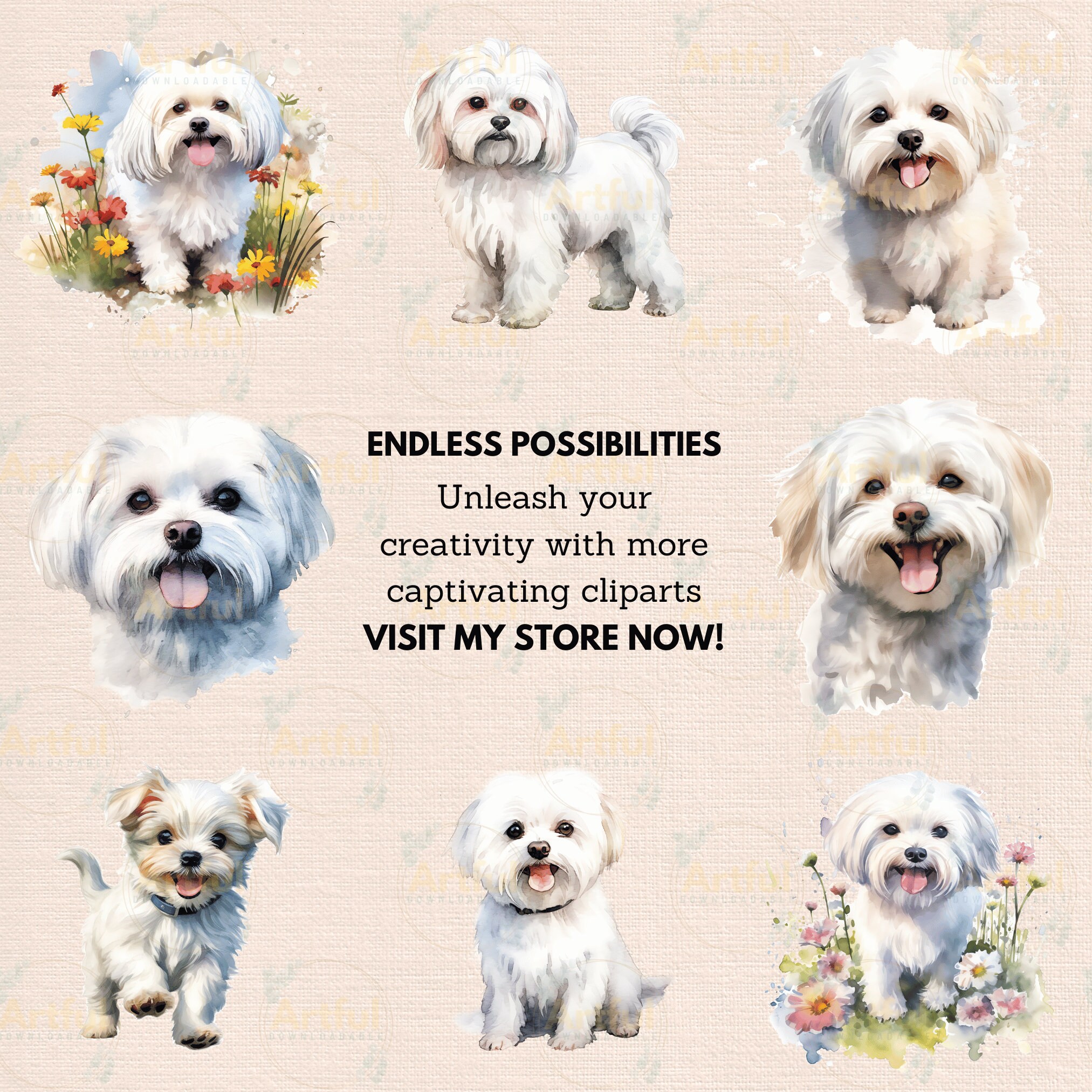 Cute Maltese Watercolor Clipart Set DIY Birthday Invitation Card Craft ...