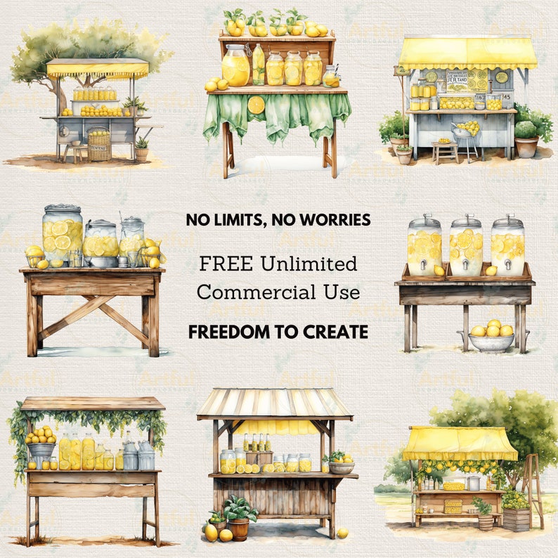 Lemonade Stand Watercolor Clipart PNG JPG Bundle Instant Digital ...