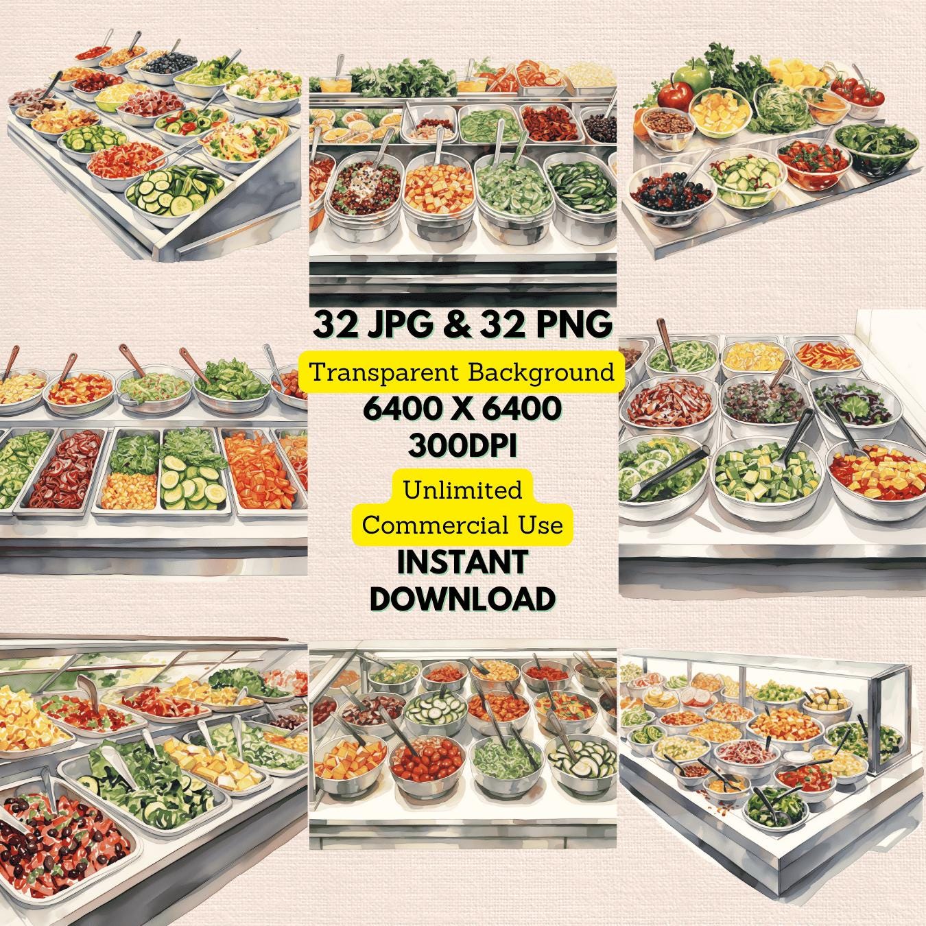 Salad Bar Watercolor Clipart PNG JPG Bundle Instant Digital Download ...