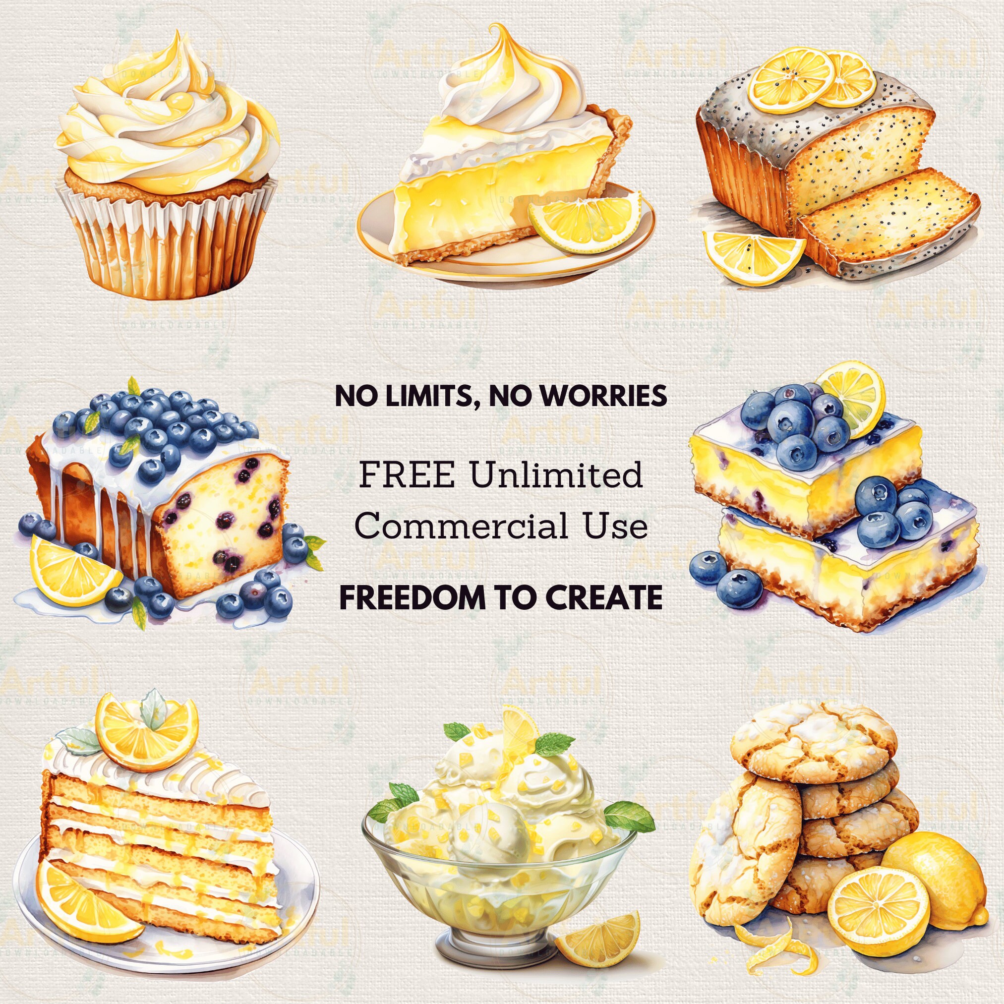 Lemon Dessert Watercolor Clipart PNG JPG Bundle Instant - Etsy