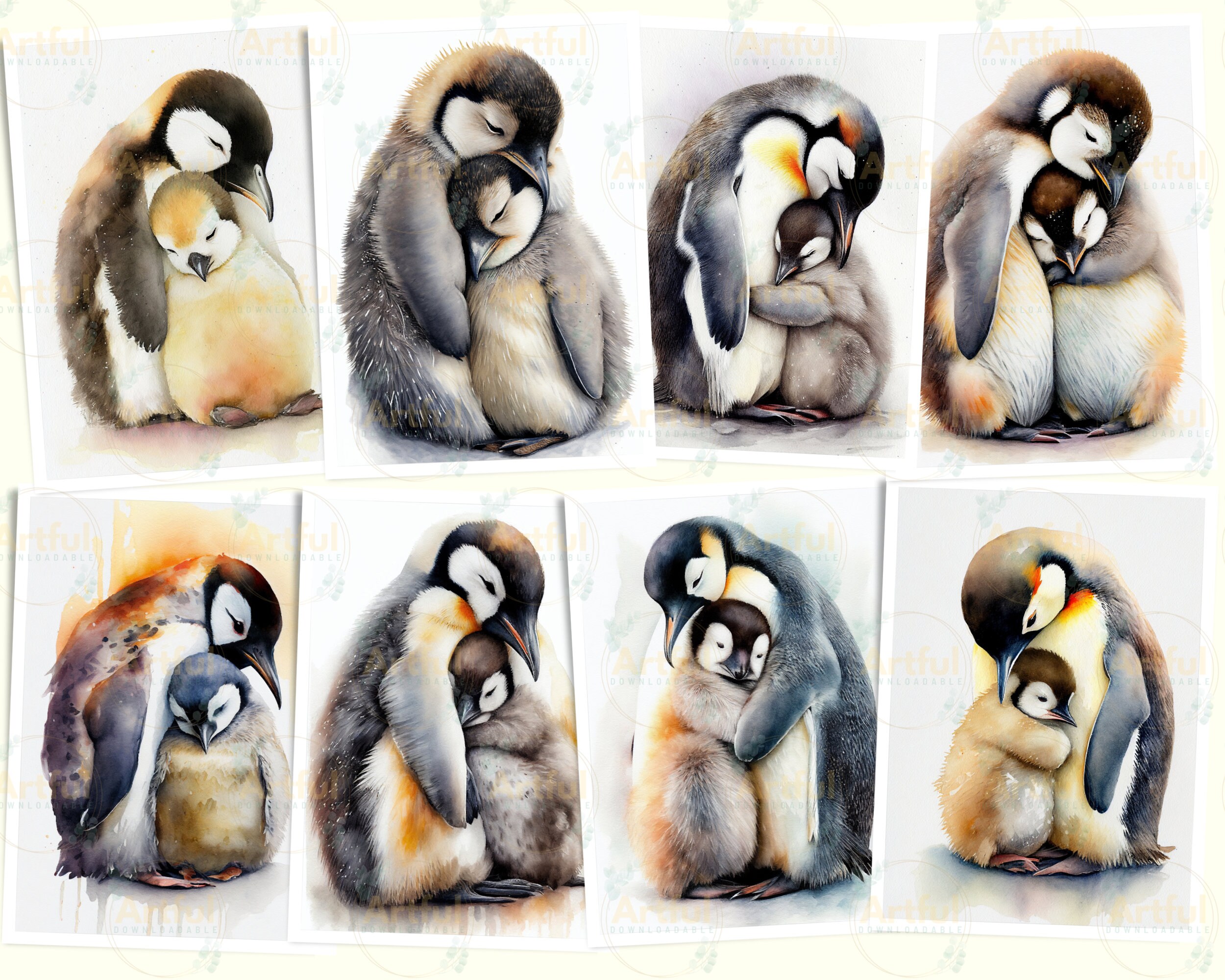 Baby Penguin & Mom in Drowsy Watercolor Clipart Bundle, Cute Animal JPG ...