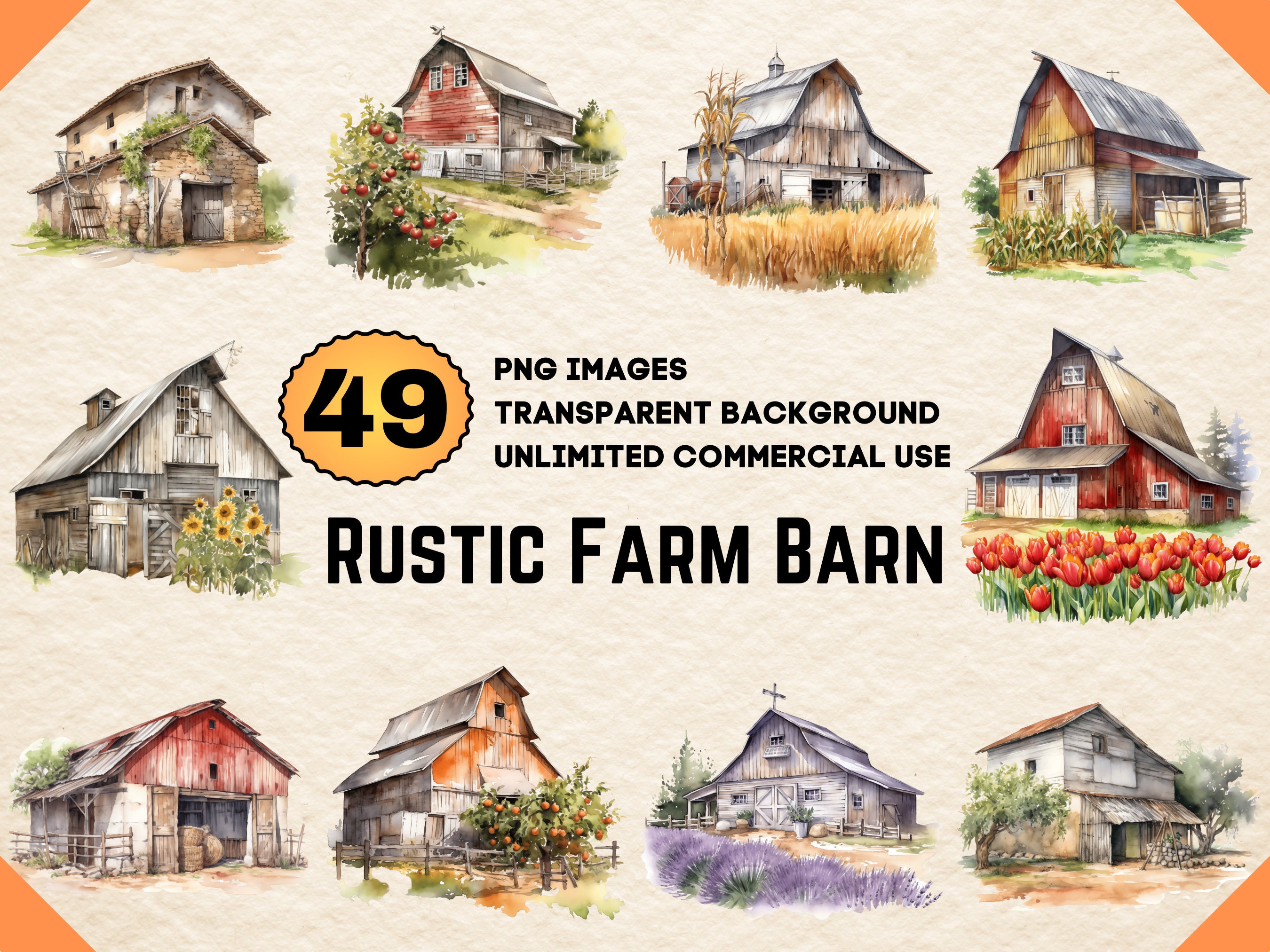 Rustic Farm Barn Watercolor Clipart PNG JPG Bundle Instant Digital ...
