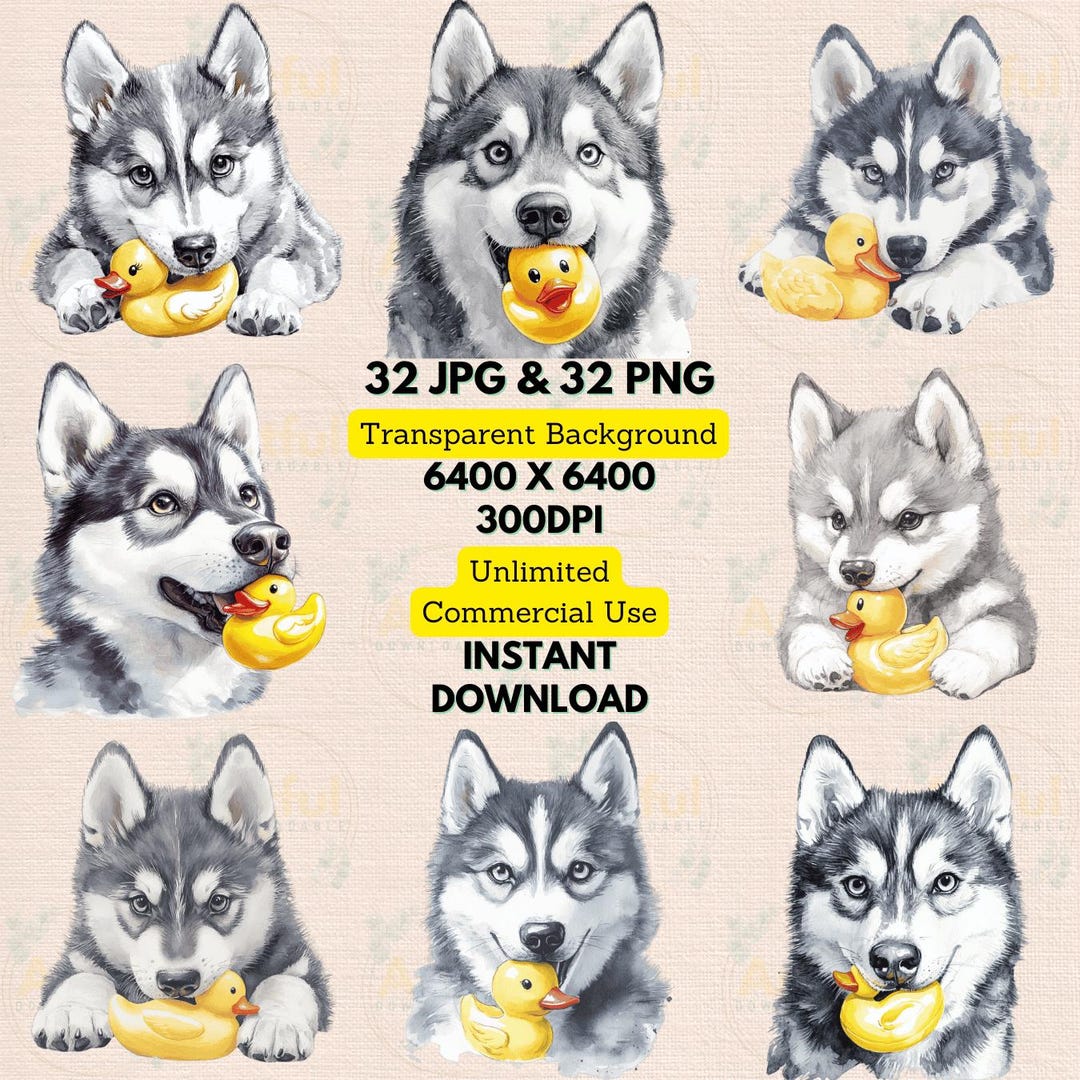 Siberian Husky Chewing Rubber Ducky Watercolor Clipart PNG JPG Bundle ...