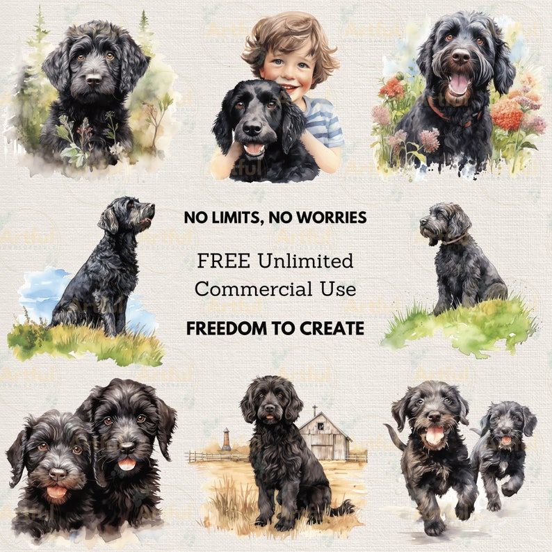 Black Labradoodle Watercolor Clipart PNG JPG Bundle Instant Digital ...