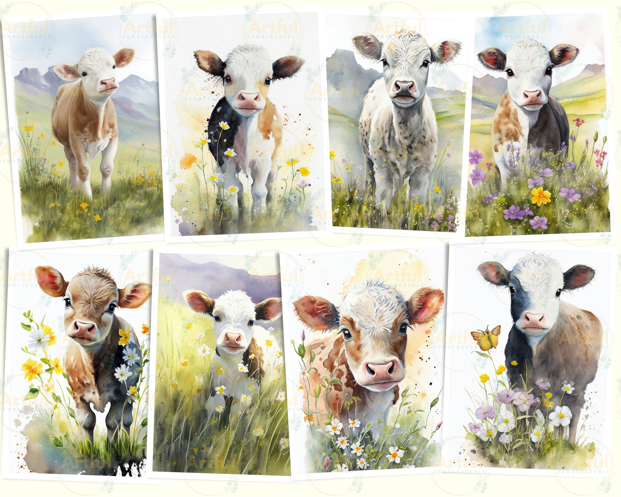 Cute Baby Cow Portraits Watercolor Clipart Bundle, Animal JPG, Instant ...