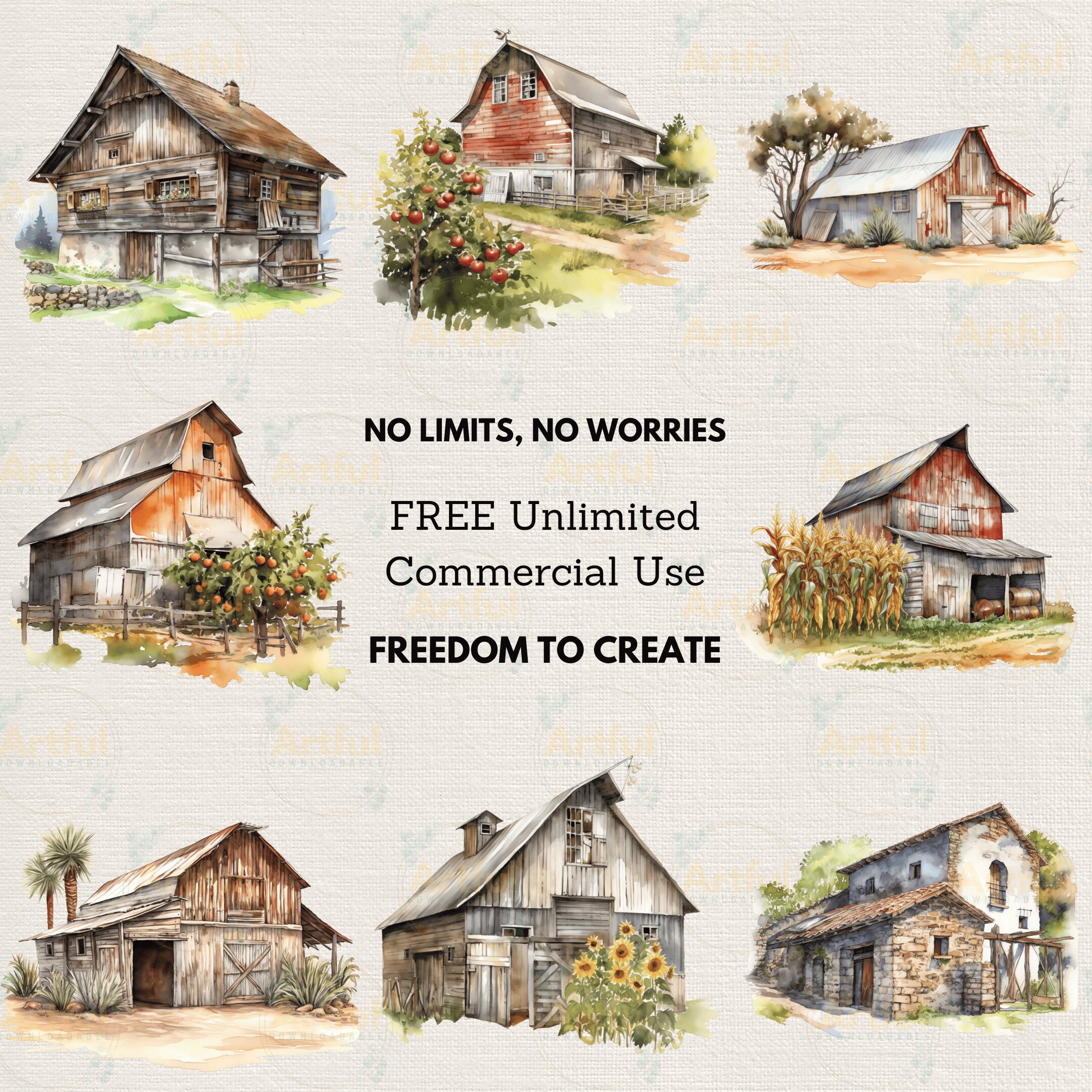 Rustic Farm Barn Watercolor Clipart PNG JPG Bundle Instant Digital ...