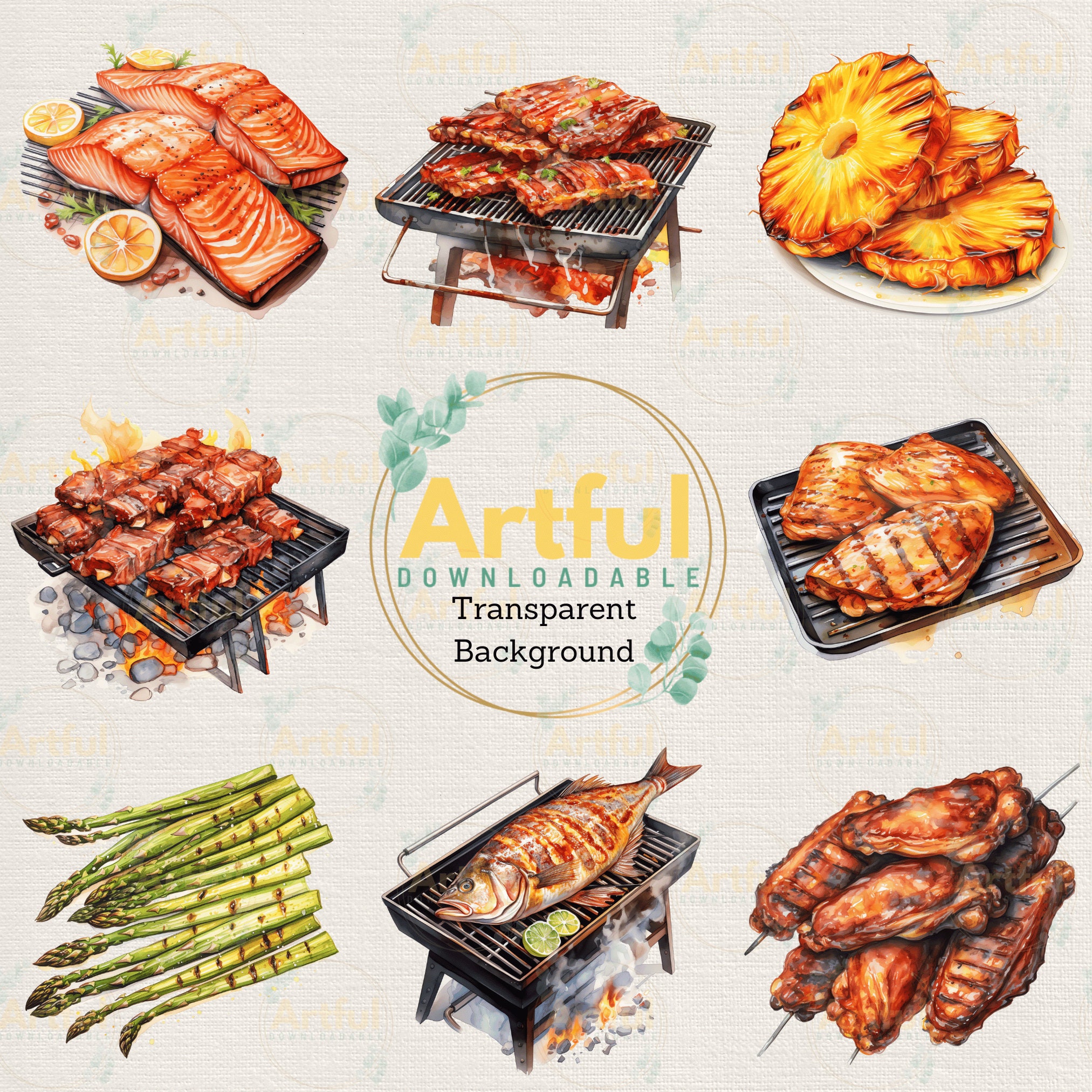 Tasty BBQ Watercolor Clipart PNG JPG Bundle Instant Digital Download ...