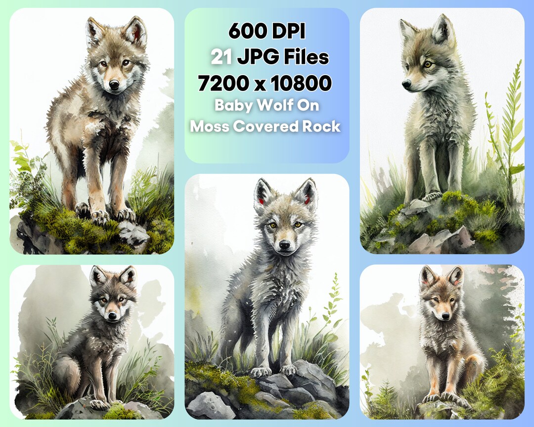 Baby Wolf on Moss Covered Rock Watercolor Clipart Bundle, Cute Animal ...