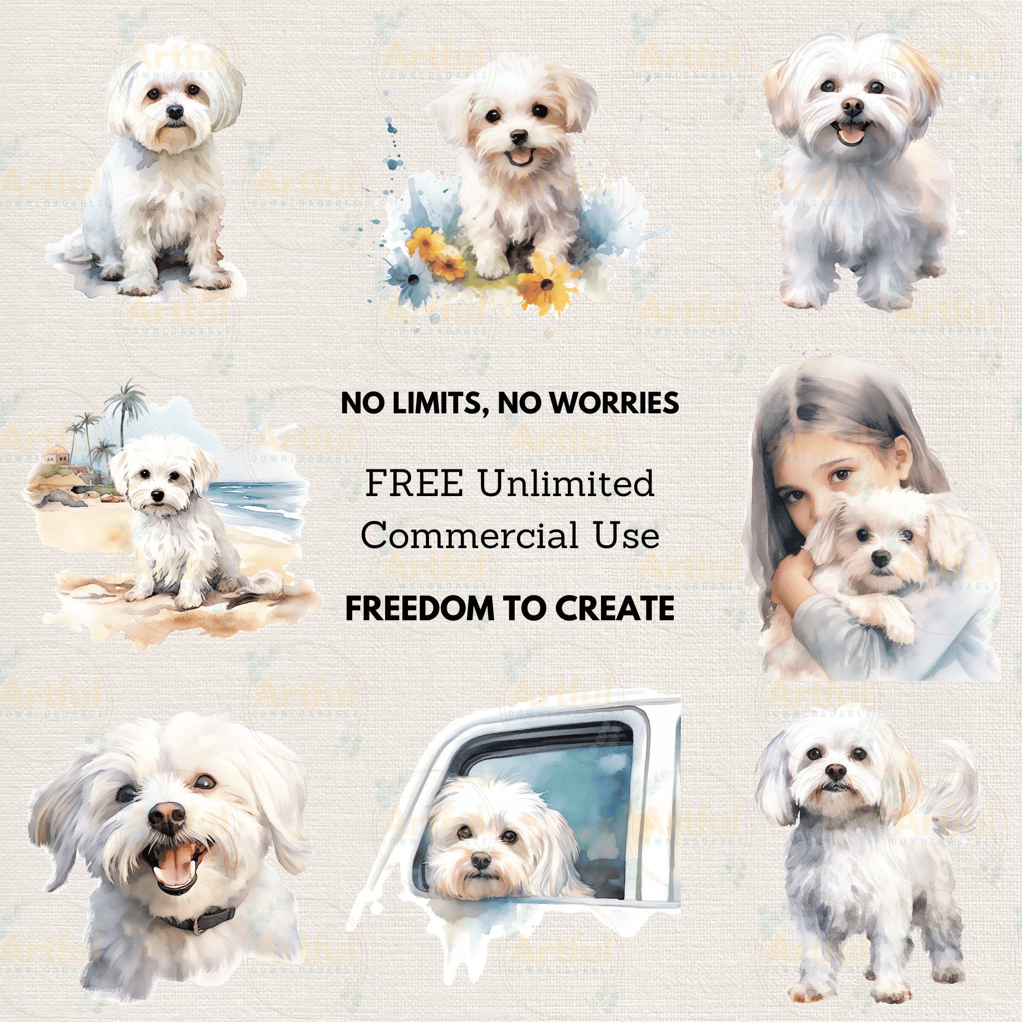 Cute Maltese Watercolor Clipart Set DIY Birthday Invitation Card Craft ...