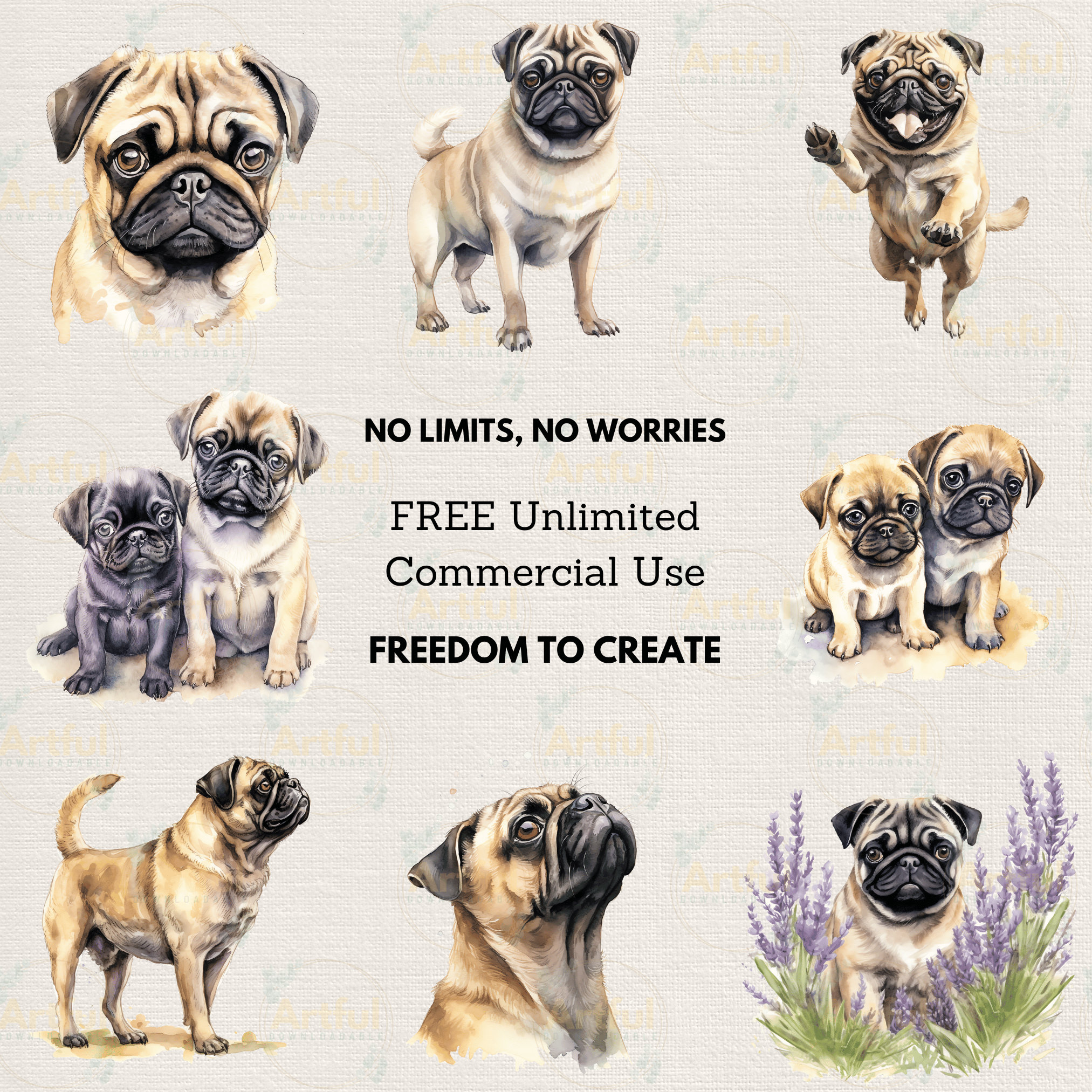 Cute Pug Watercolor Clipart PNG JPG Bundle Instant Digital - Etsy