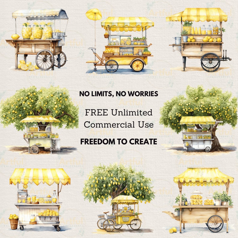 Lemonade Cart Watercolor Clipart PNG JPG Bundle Instant Digital ...