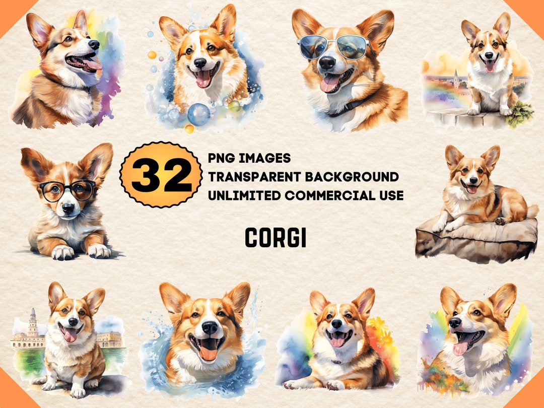 Cute Corgi Watercolor Clipart PNG JPG Bundle Instant Digital Download ...
