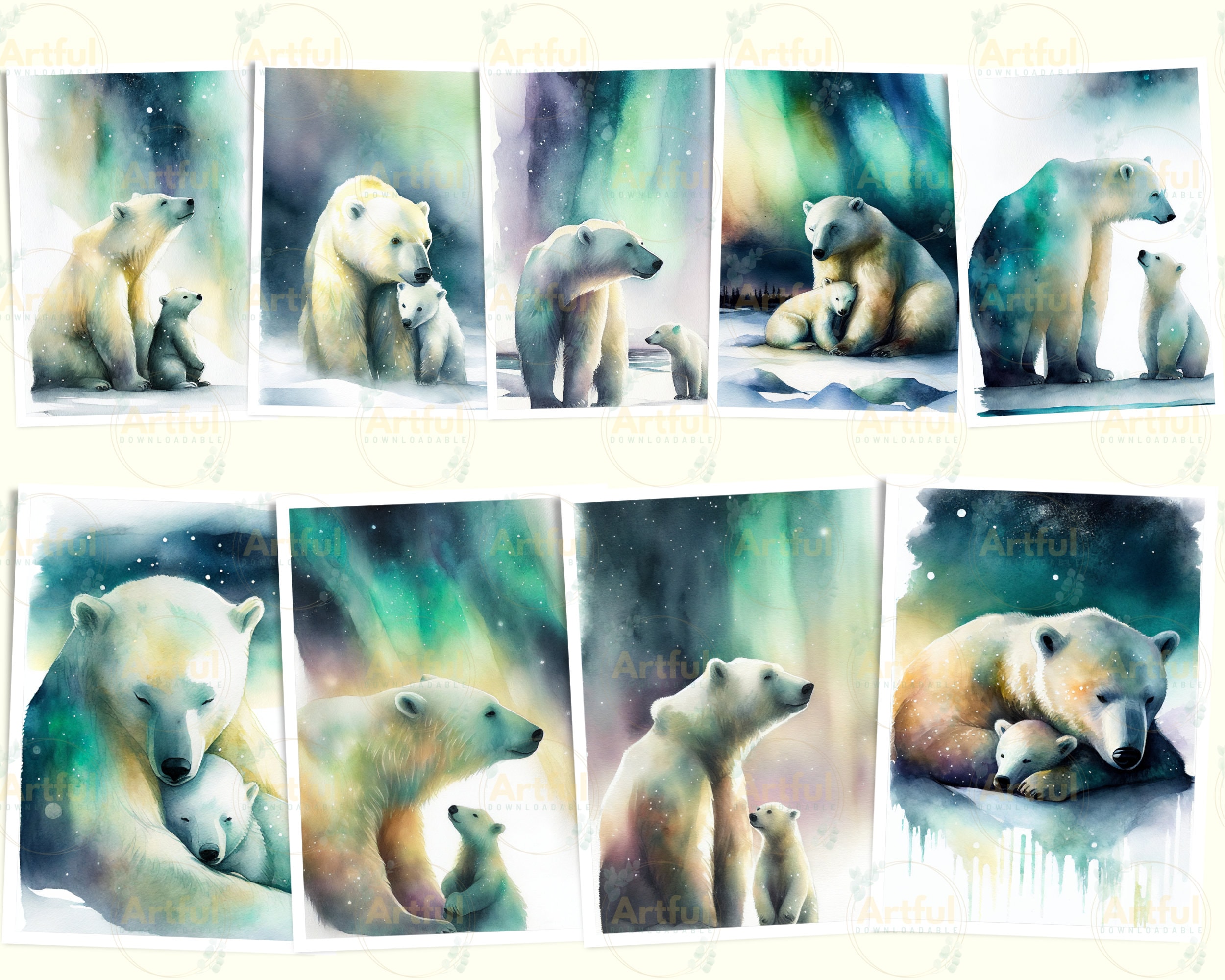 Polar Bear Cub & Mom Enjoying Aurora Watercolor Clipart - Etsy