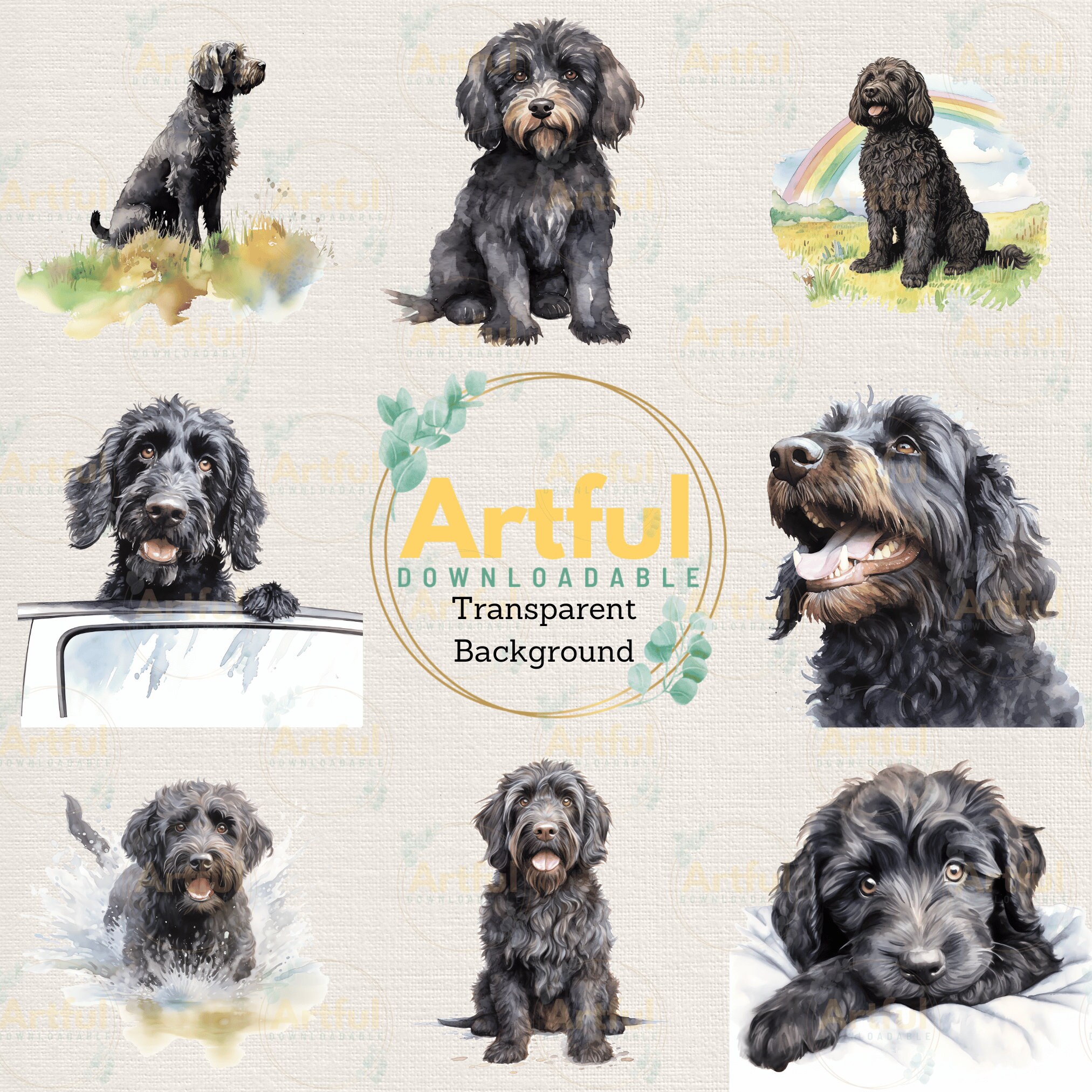 Black Labradoodle Watercolor Clipart PNG JPG Bundle Instant Digital ...
