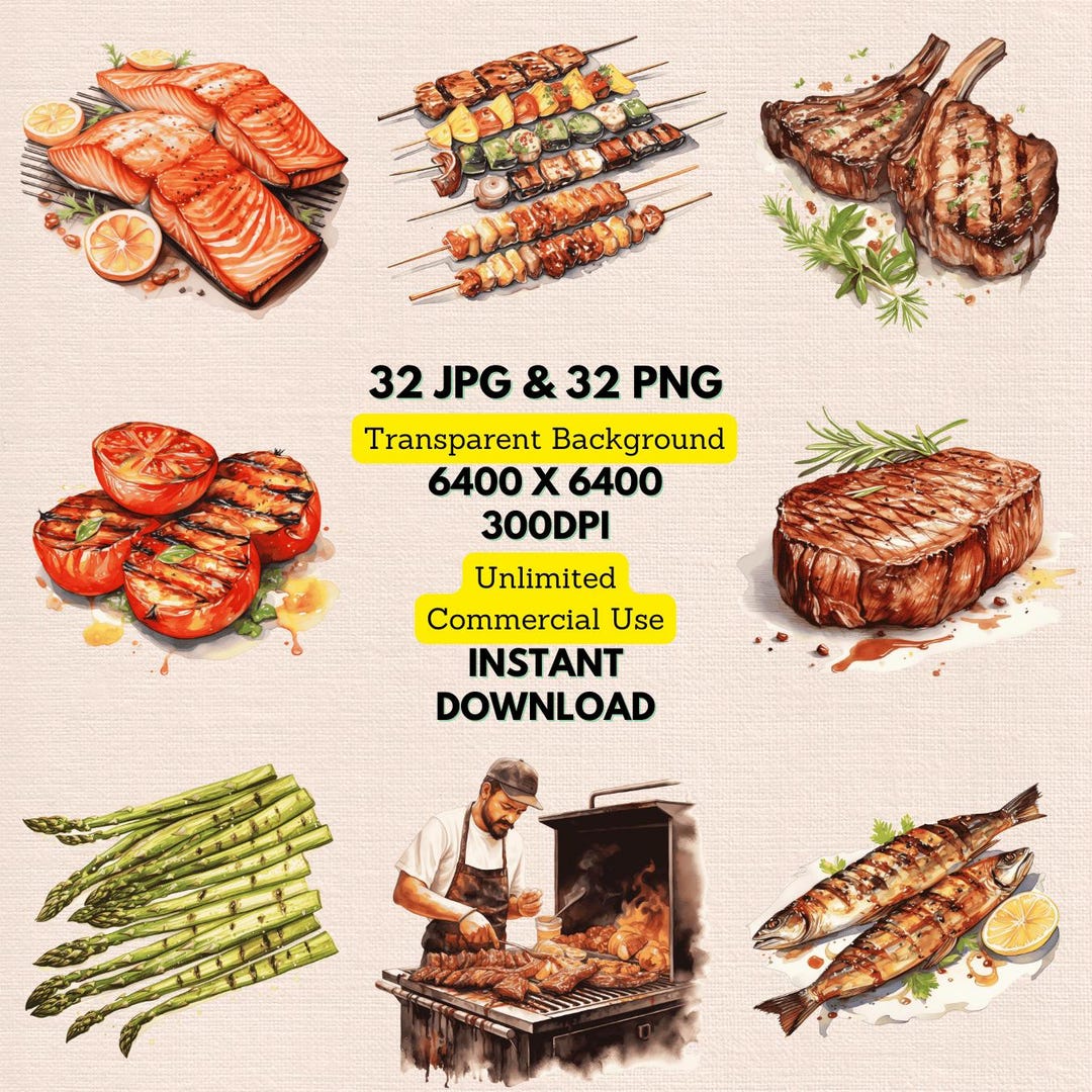 Tasty BBQ Watercolor Clipart PNG JPG Bundle Instant Digital Download ...