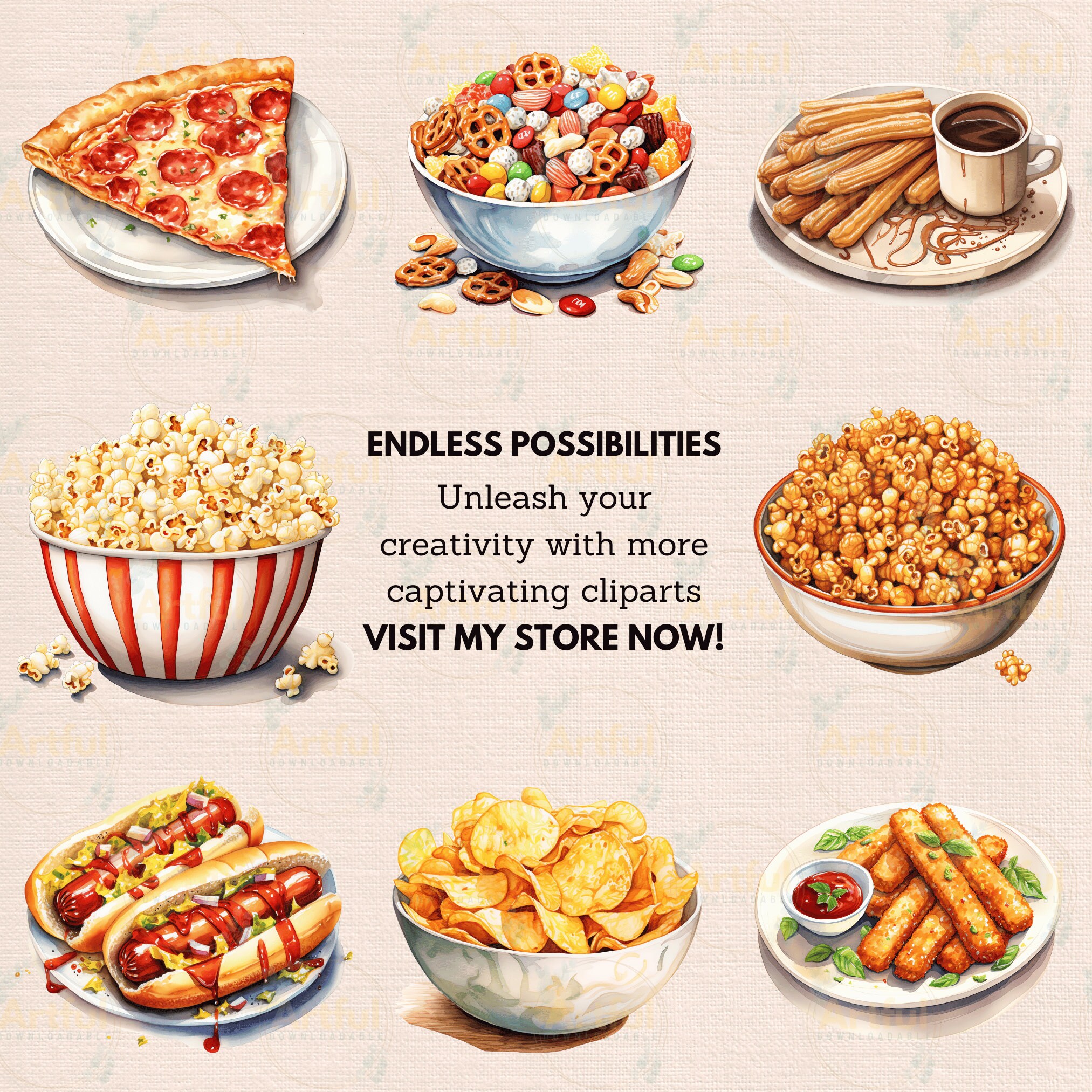 Movie Time Snacks Watercolor Clipart PNG JPG Bundle Instant Digital ...