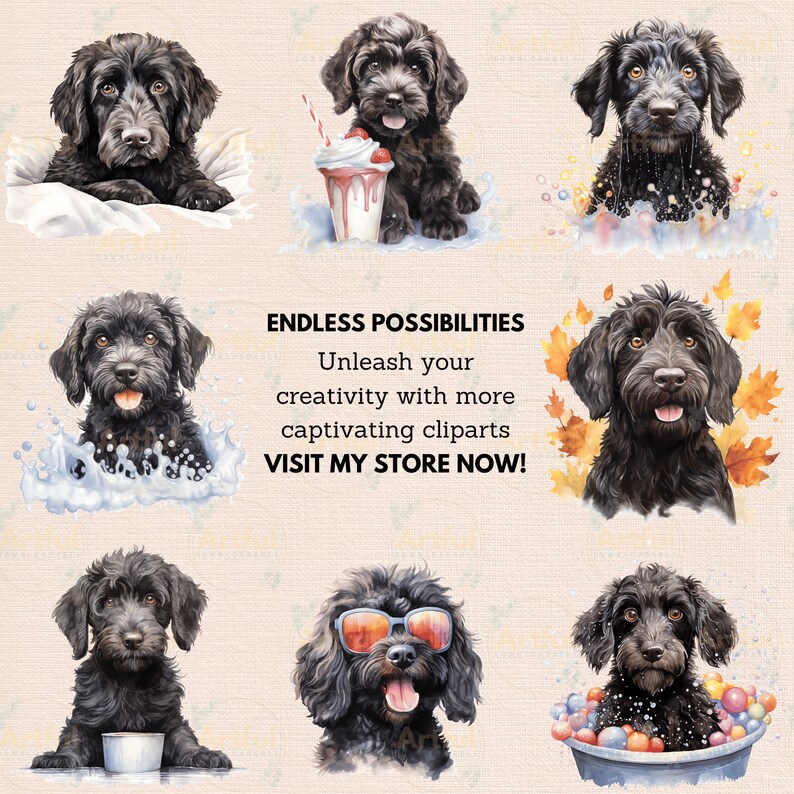 Black Labradoodle Watercolor Clipart PNG JPG Bundle Instant Digital ...