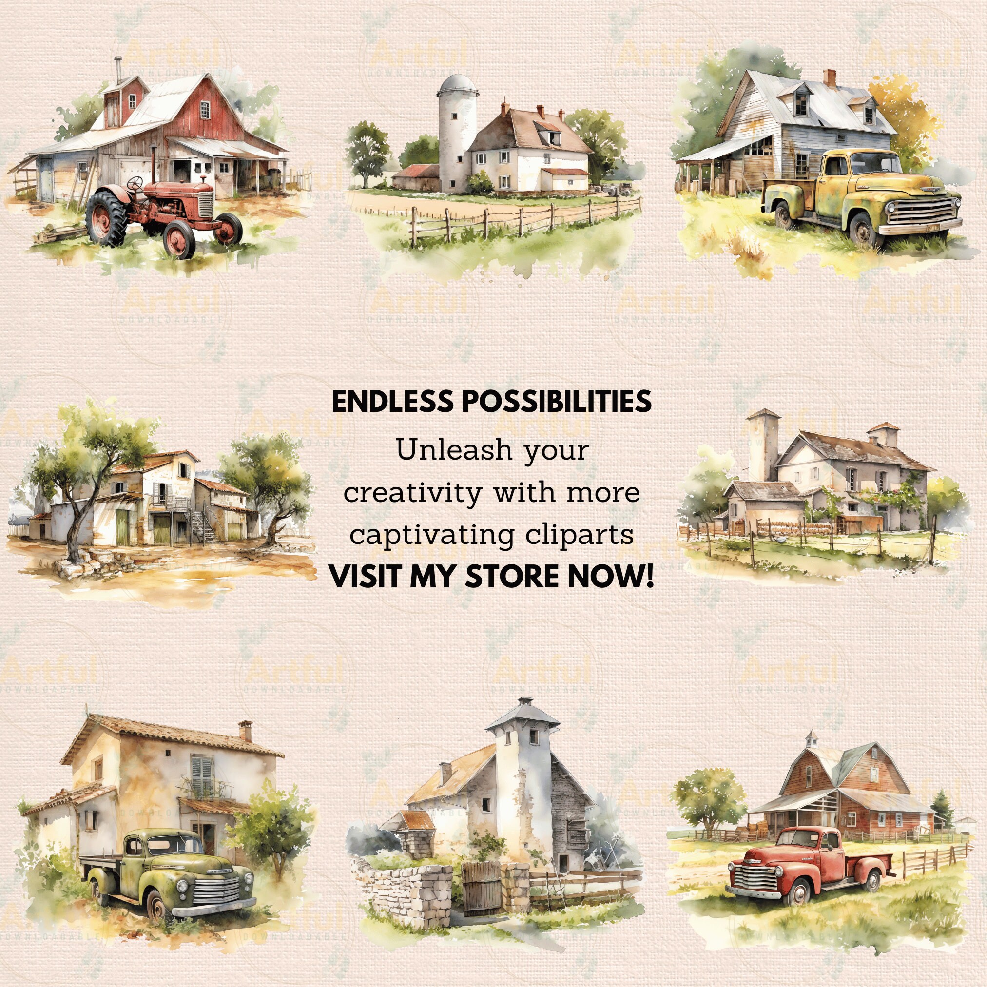 Farmhouse Watercolor Clipart PNG JPG Bundle Instant Digital Download ...