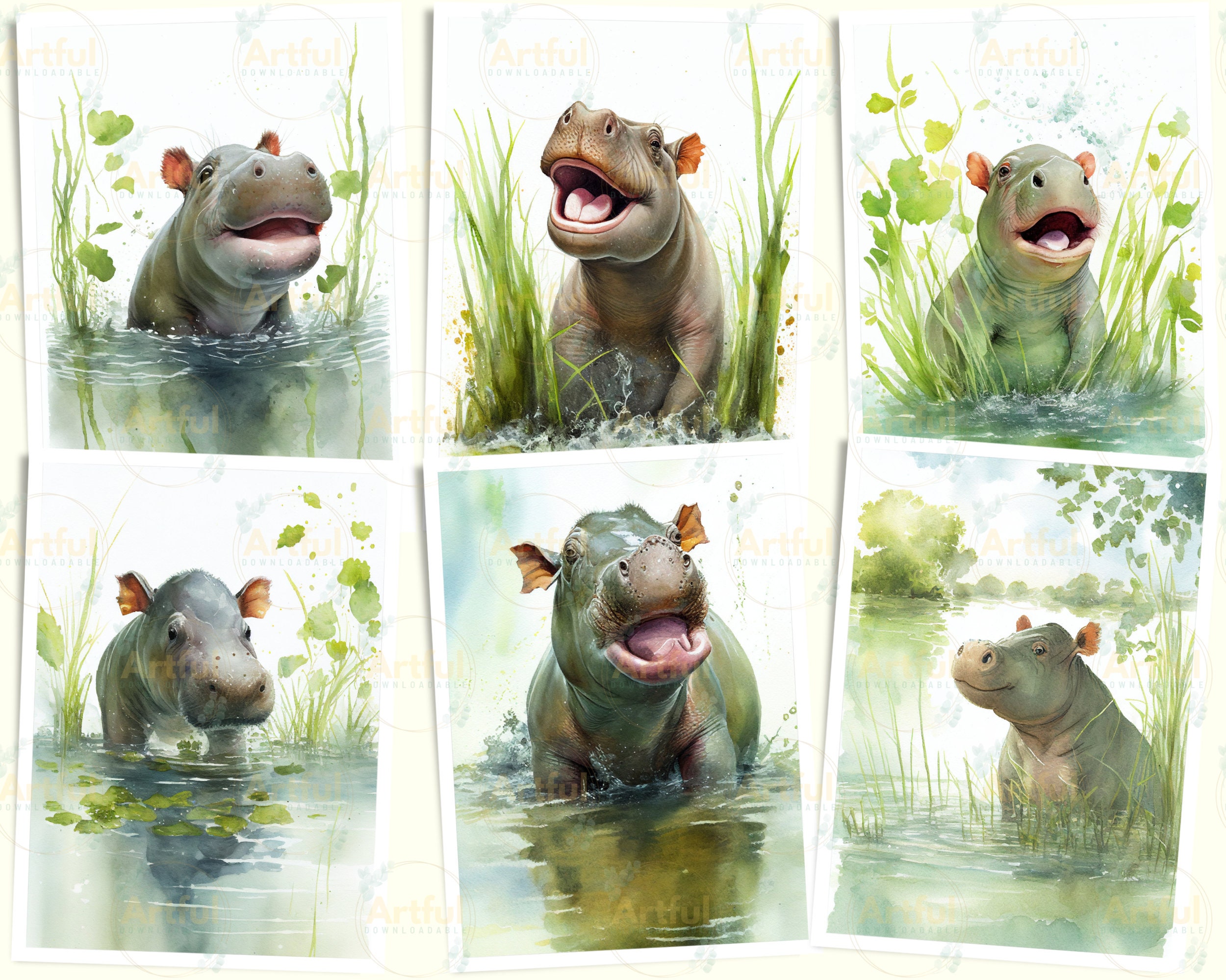 Baby Hippo in Water Watercolor Clipart Bundle, Cute Animal JPG, Instant ...