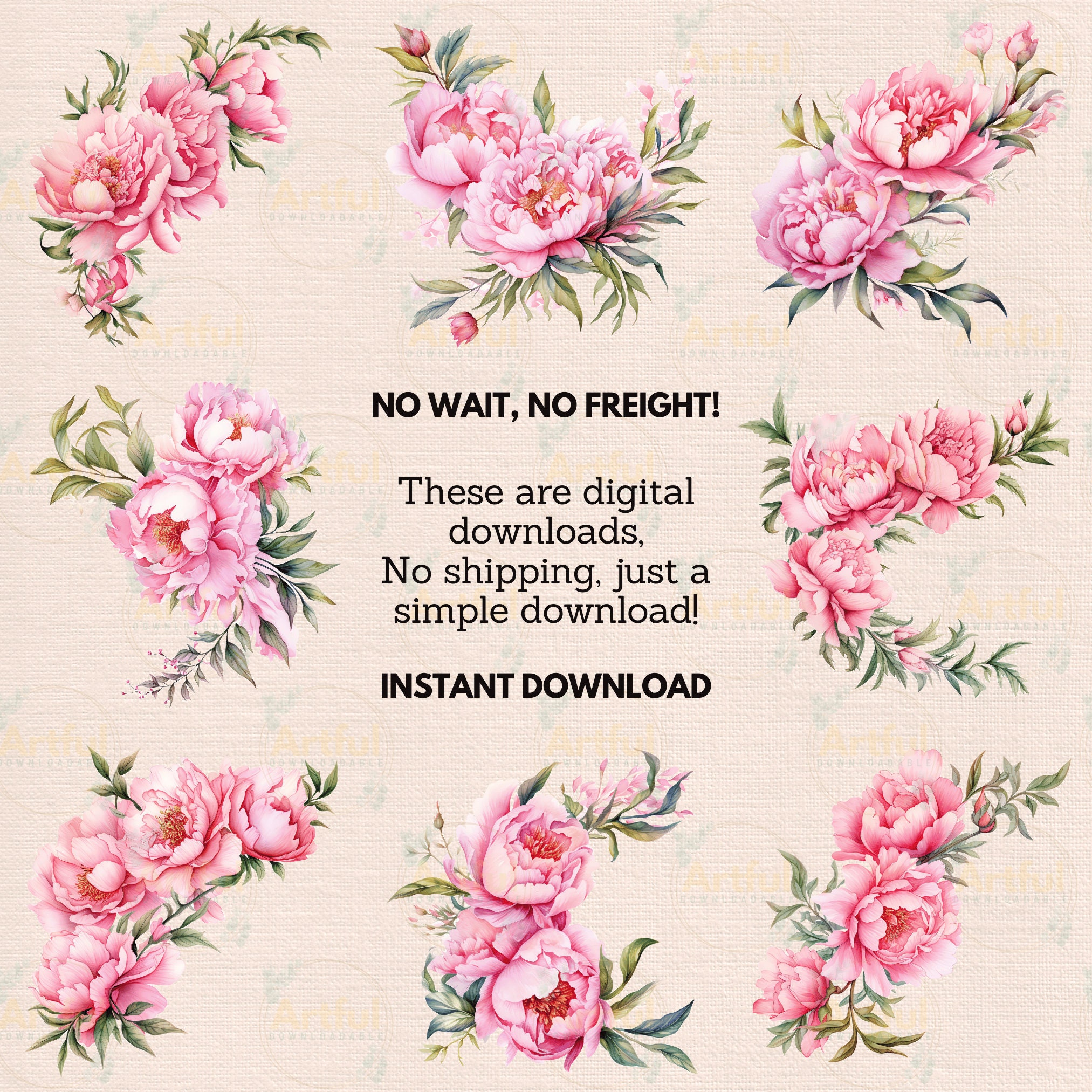 Pink Peony Floral Watercolor Clipart PNG JPG Bundle Instant Digital ...