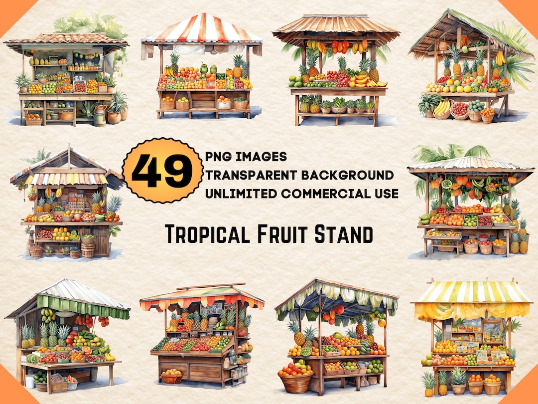 Tropical Fruit Stand Watercolor Clipart PNG JPG Bundle Instant Digital ...