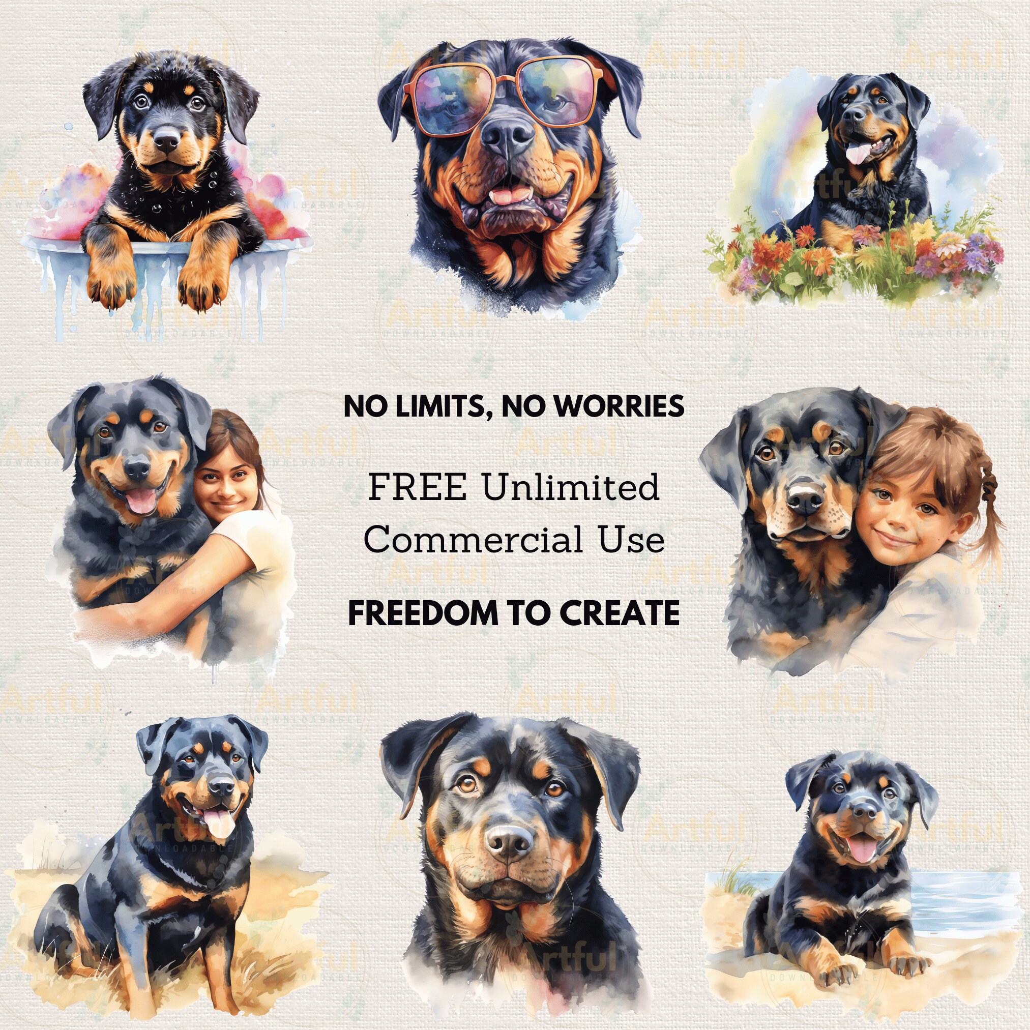 Rottweiler Watercolor Clipart Bundle DIY Birthday Invitation Card Craft ...