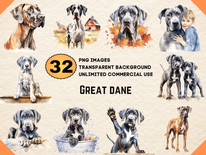 Great Dane Watercolor Clipart PNG JPG Bundle Instant Digital Download ...